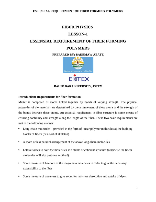 Essential requirements of fiber forming polymers | PDF