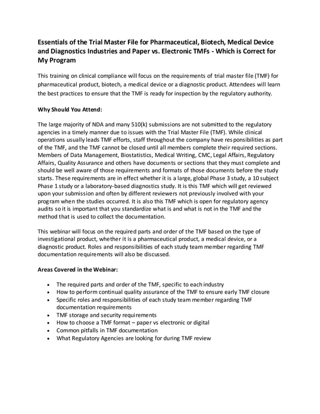 Essentials of the trial master file for pharmaceutical | PDF