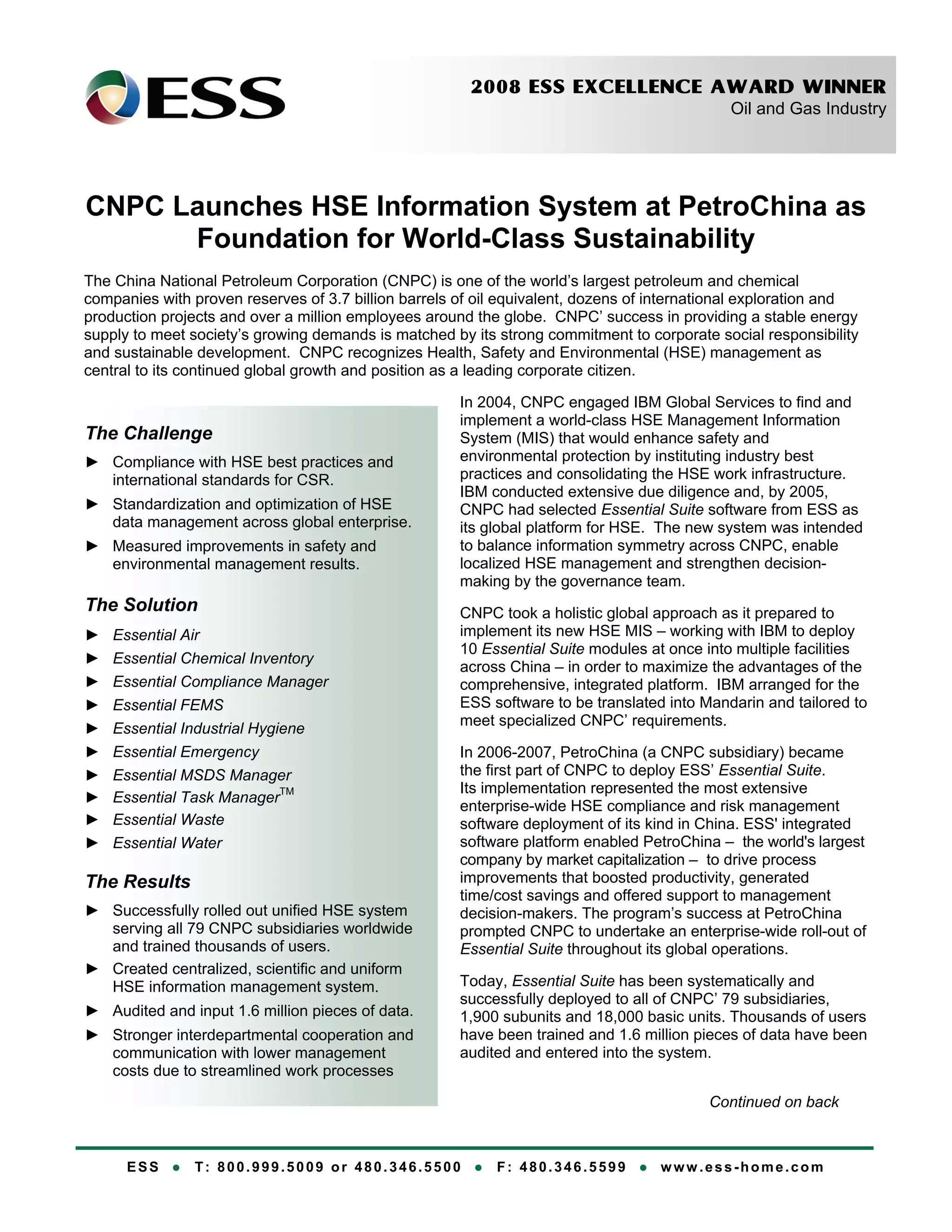 Ess Excellence Award CNPC Petrochina | PDF