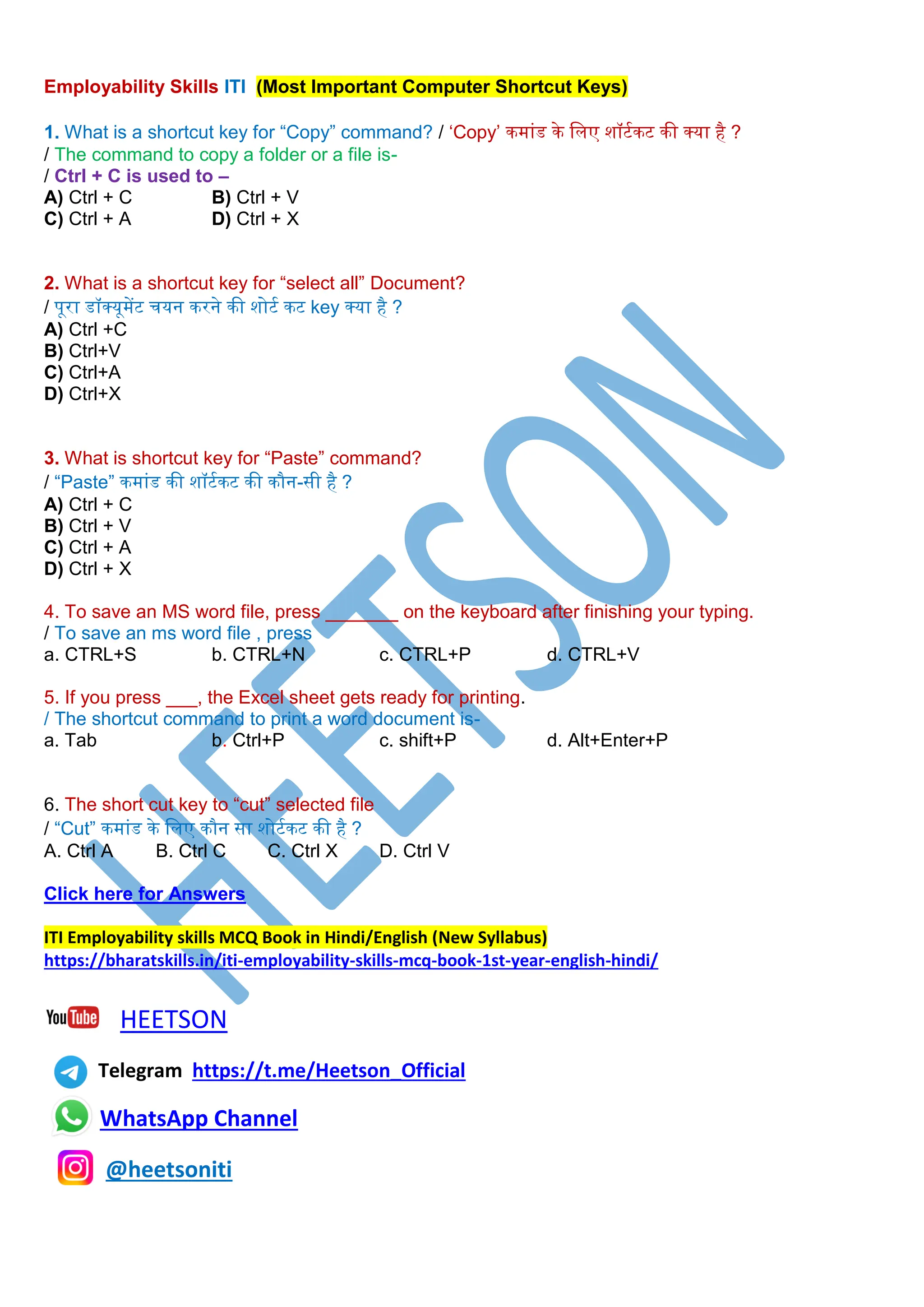 Employability Skills Computer Shortcut Keys ITI | PDF