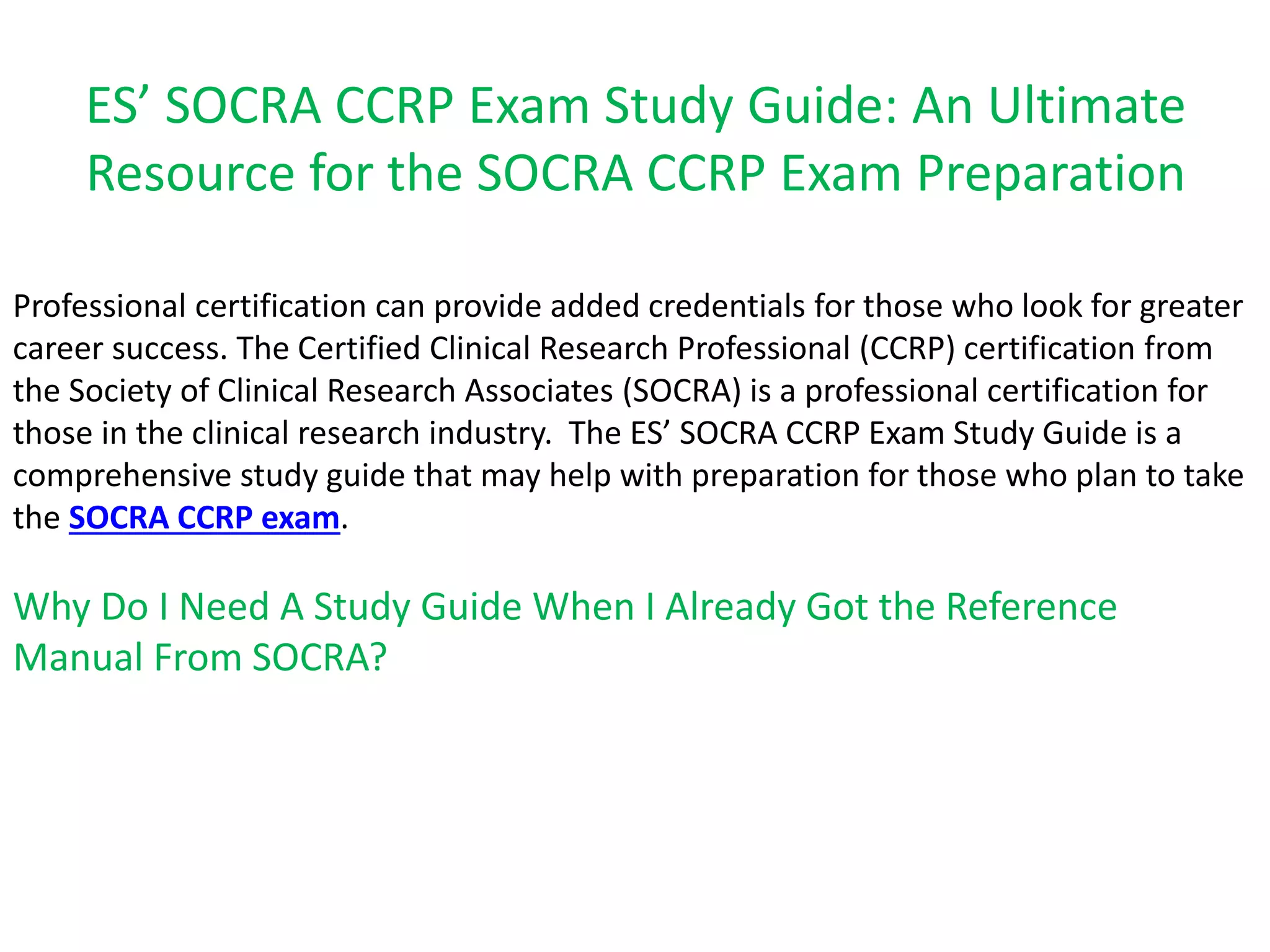 ES’ SOCRA CCRP Exam Study Guide: An Ultimate Resource for the SOCRA ...