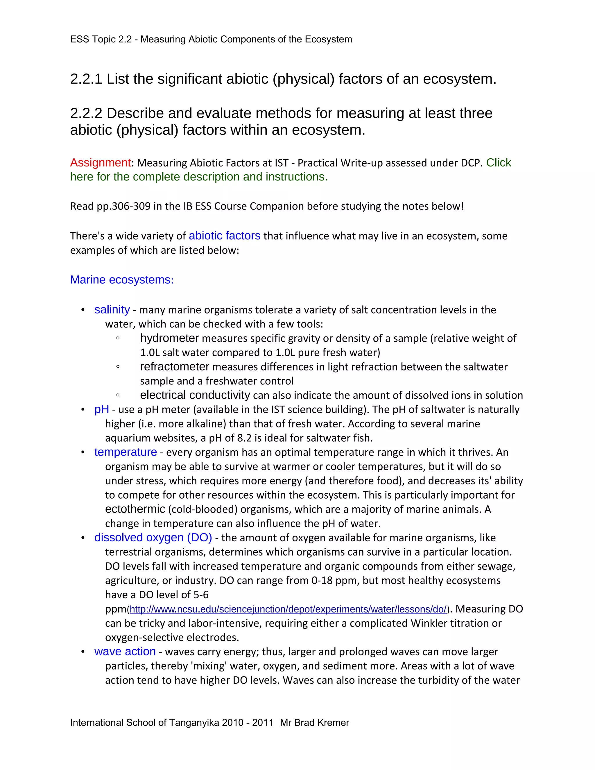 Ess topic 2.2 measuring abiotic components of the ecosystem | DOC