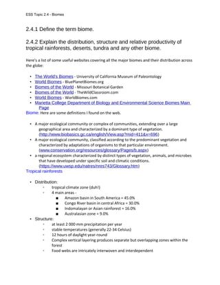 Ess topic 2.4 biomes | DOC | Geography | Science