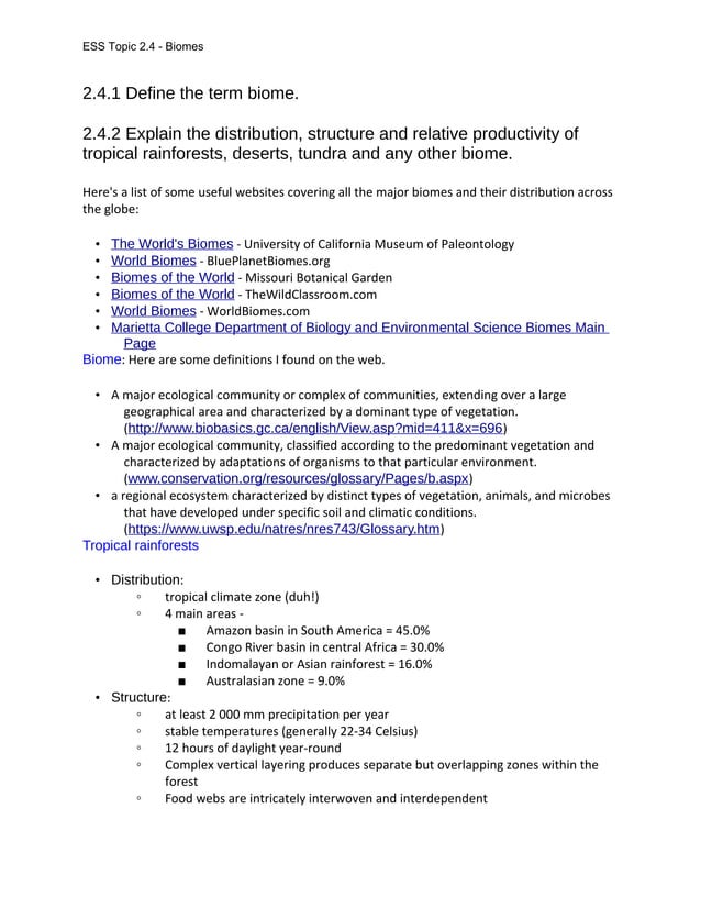 Ess topic 2.4 biomes | DOC | Geography | Science