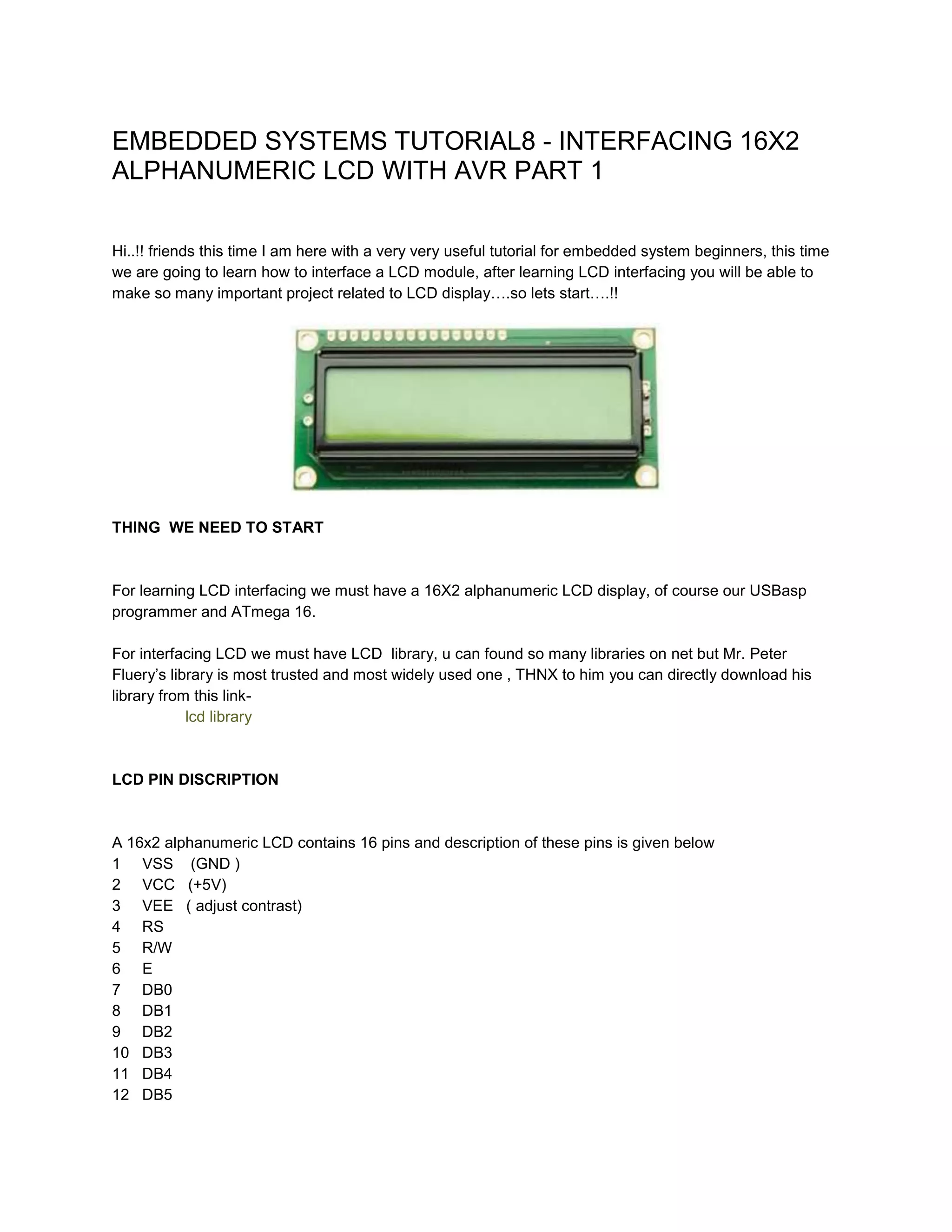 AVR LCD Tutorial - Interfacing 16x2 LCD Module Part 1 | PDF