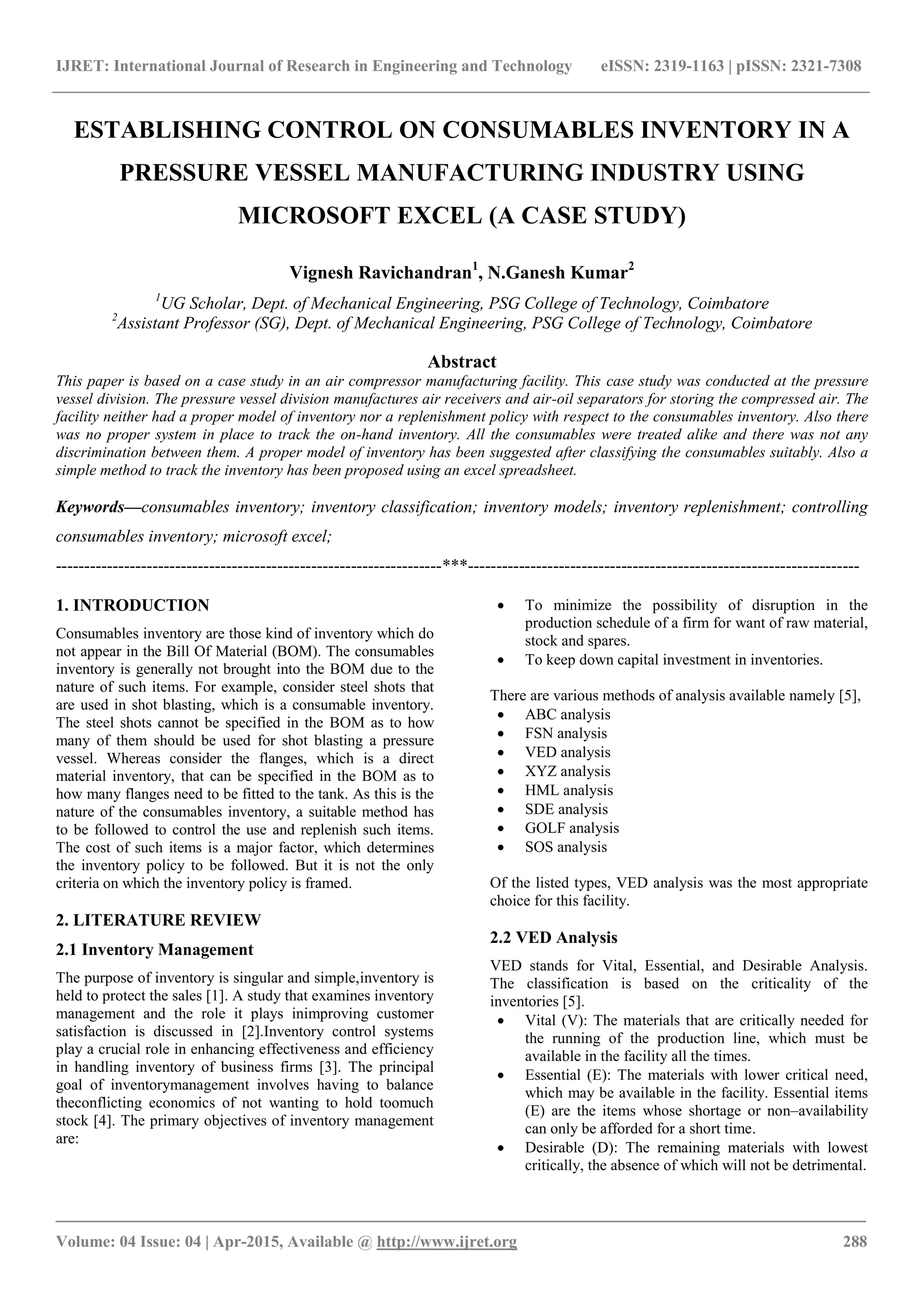 Establishing control on consumables inventory in a pressure vessel ...