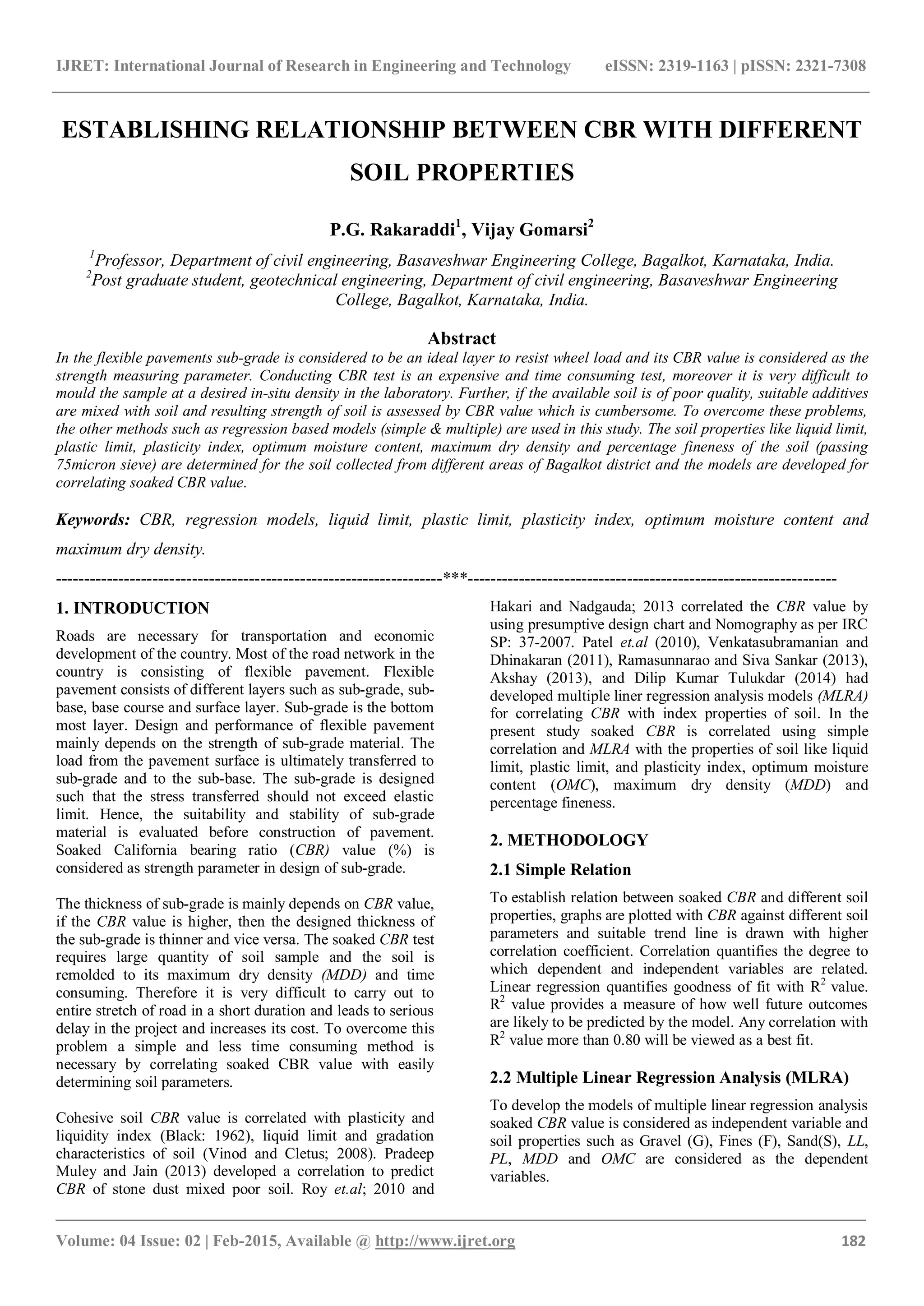 Establishing relationship between cbr with different soil properties | PDF