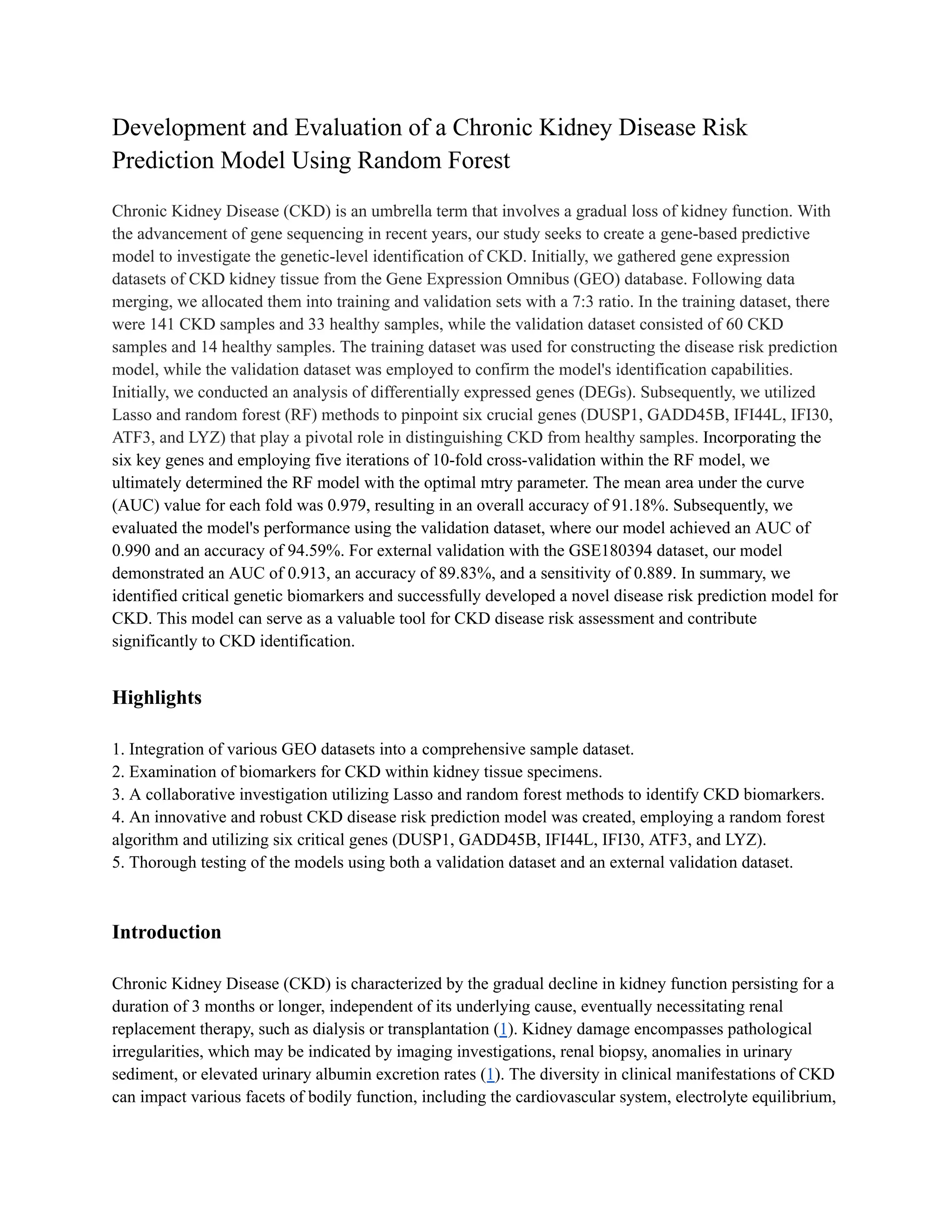 Establishment and analysis of a disease risk prediction model for chronic kidney disease with ...