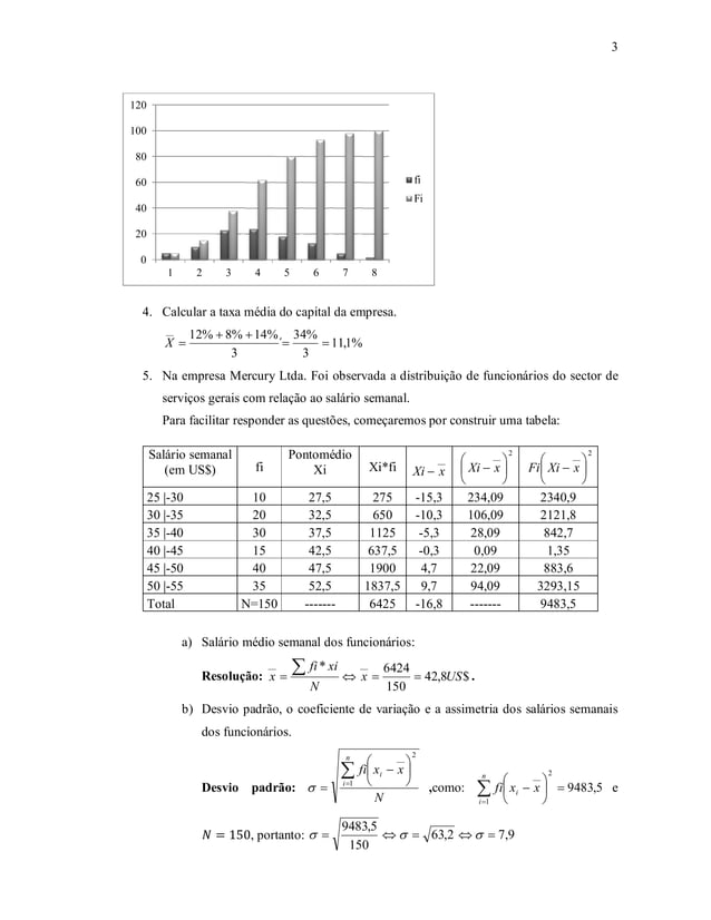 Estatística (exercícios resolvidos - Gráficos, amplitude, médio, desvio padrão, desvio médio ...