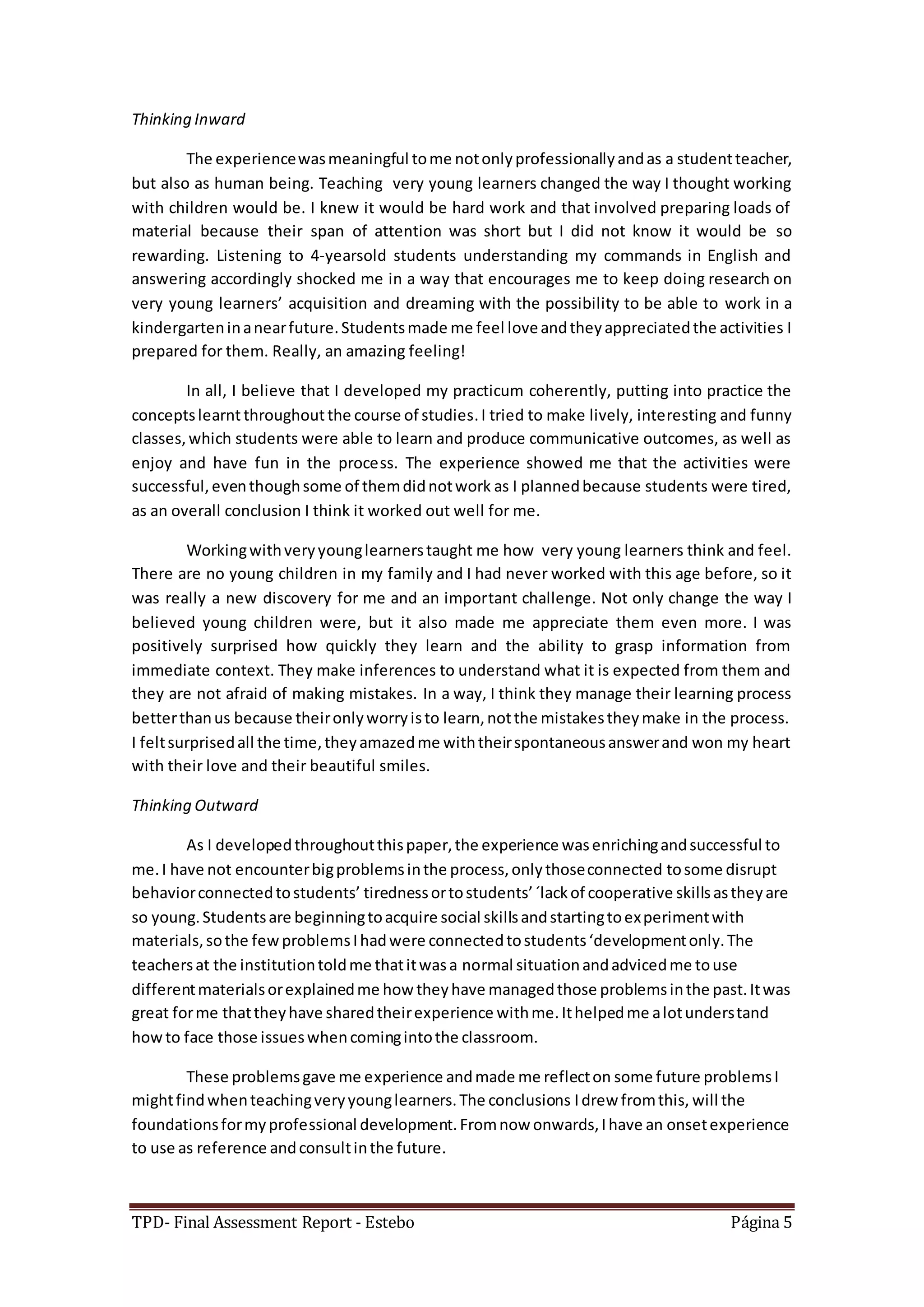 Estebo tpd- final assessment report kindergarten period | PDF