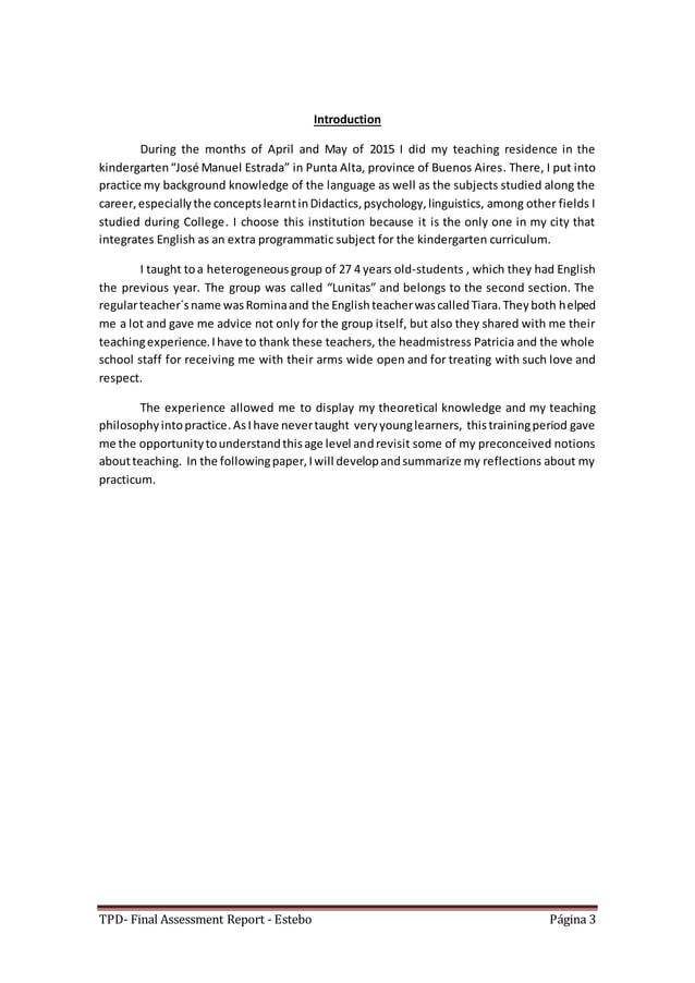 Estebo tpd- final assessment report kindergarten period | PDF