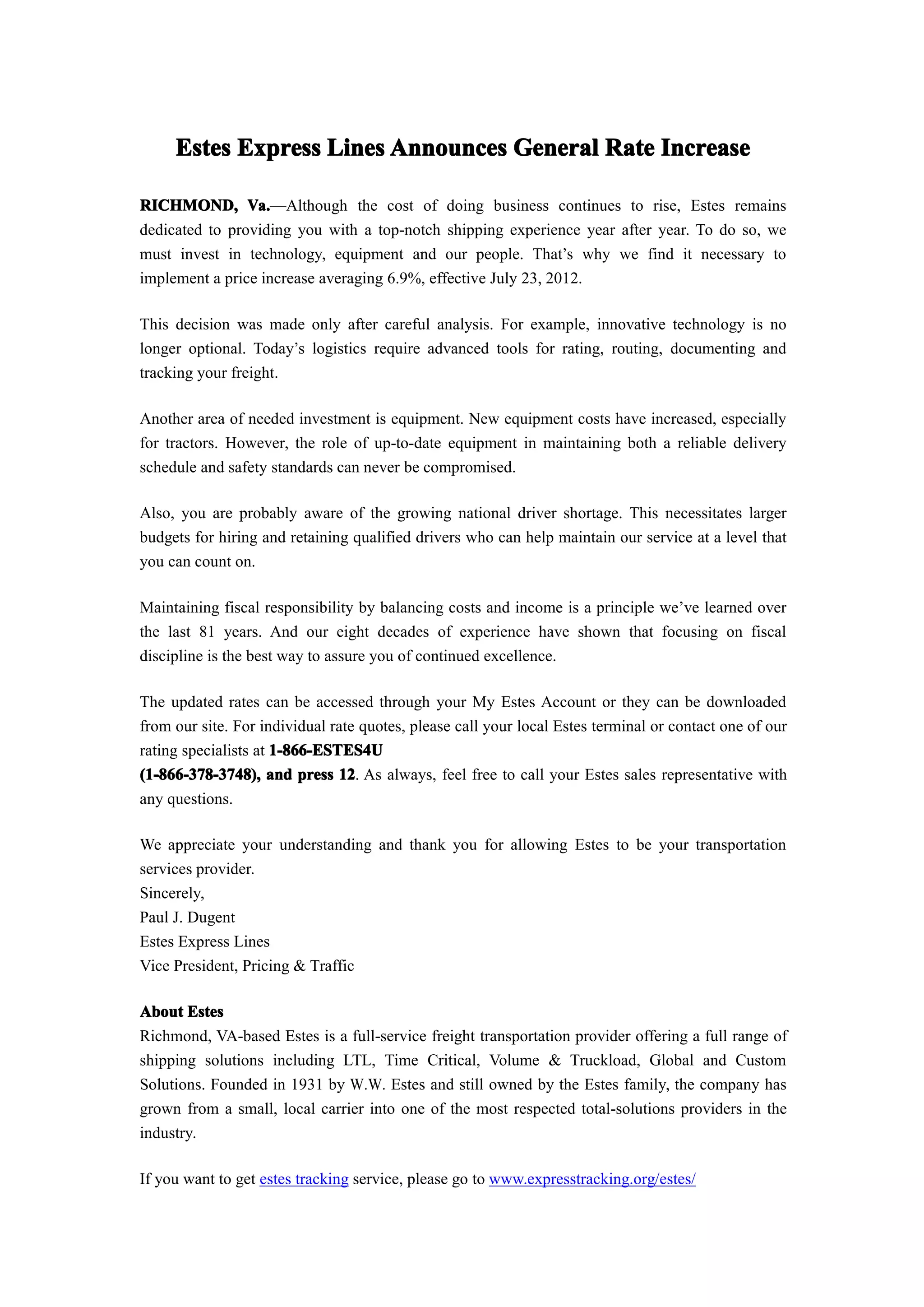 Estes express lines announces general rate increase | PDF