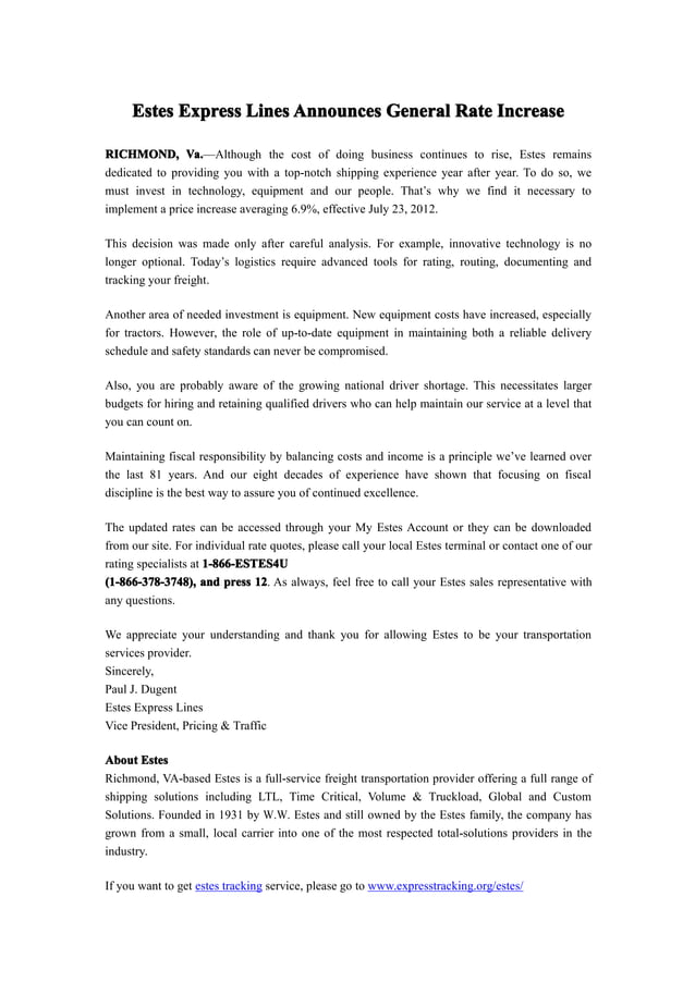 Estes express lines announces general rate increase | PDF