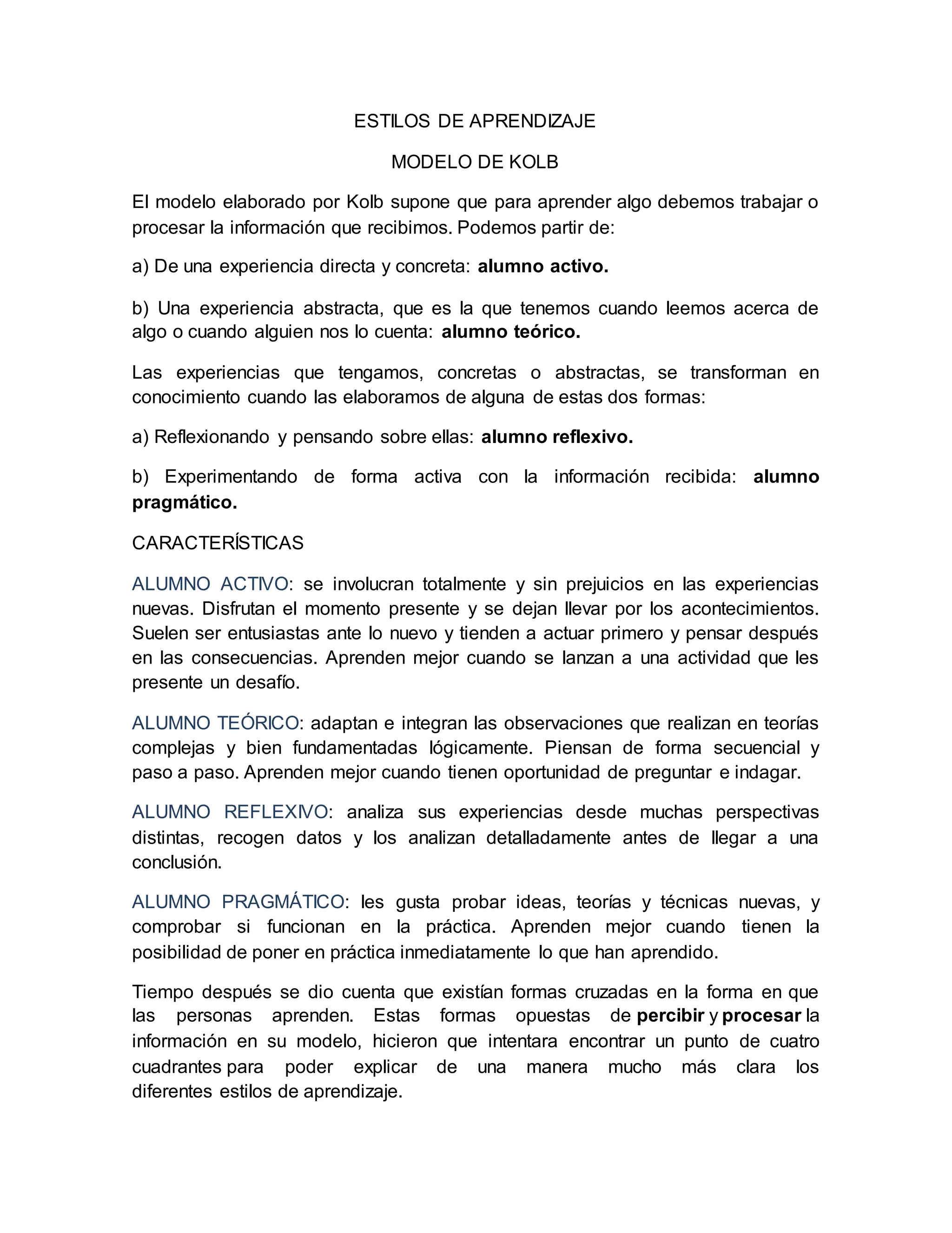 Estilos de aprendizaje VAK y KOLB | DOCX