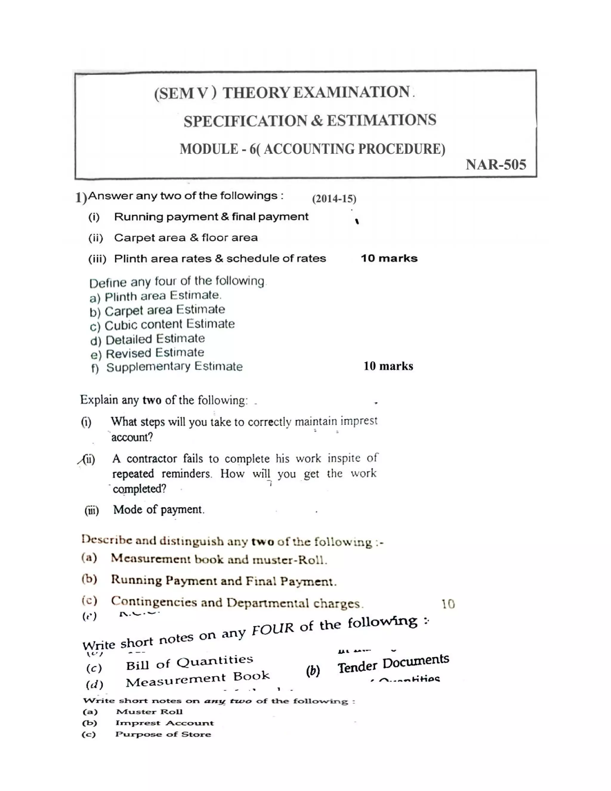 Estimation specification paper set (module 1 to 6) for semester 5 | PDF ...