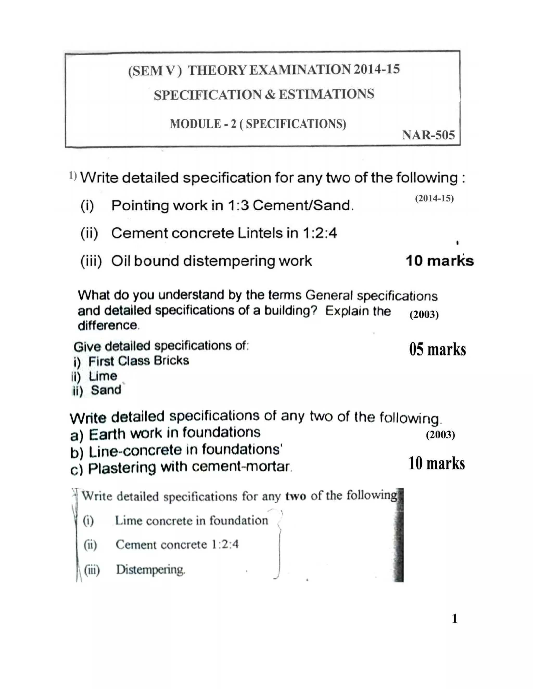 Estimation specification paper set (module 1 to 6) for semester 5 | PDF ...