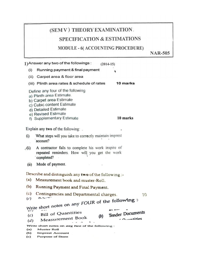 Estimation specification paper set (module 1 to 6) for semester 5 | PDF