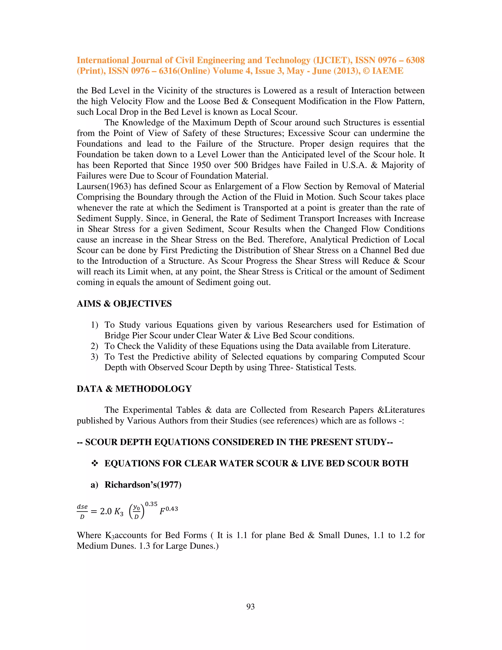 Estimation of bridge pier scour for clear water & live bed scour condition | PDF
