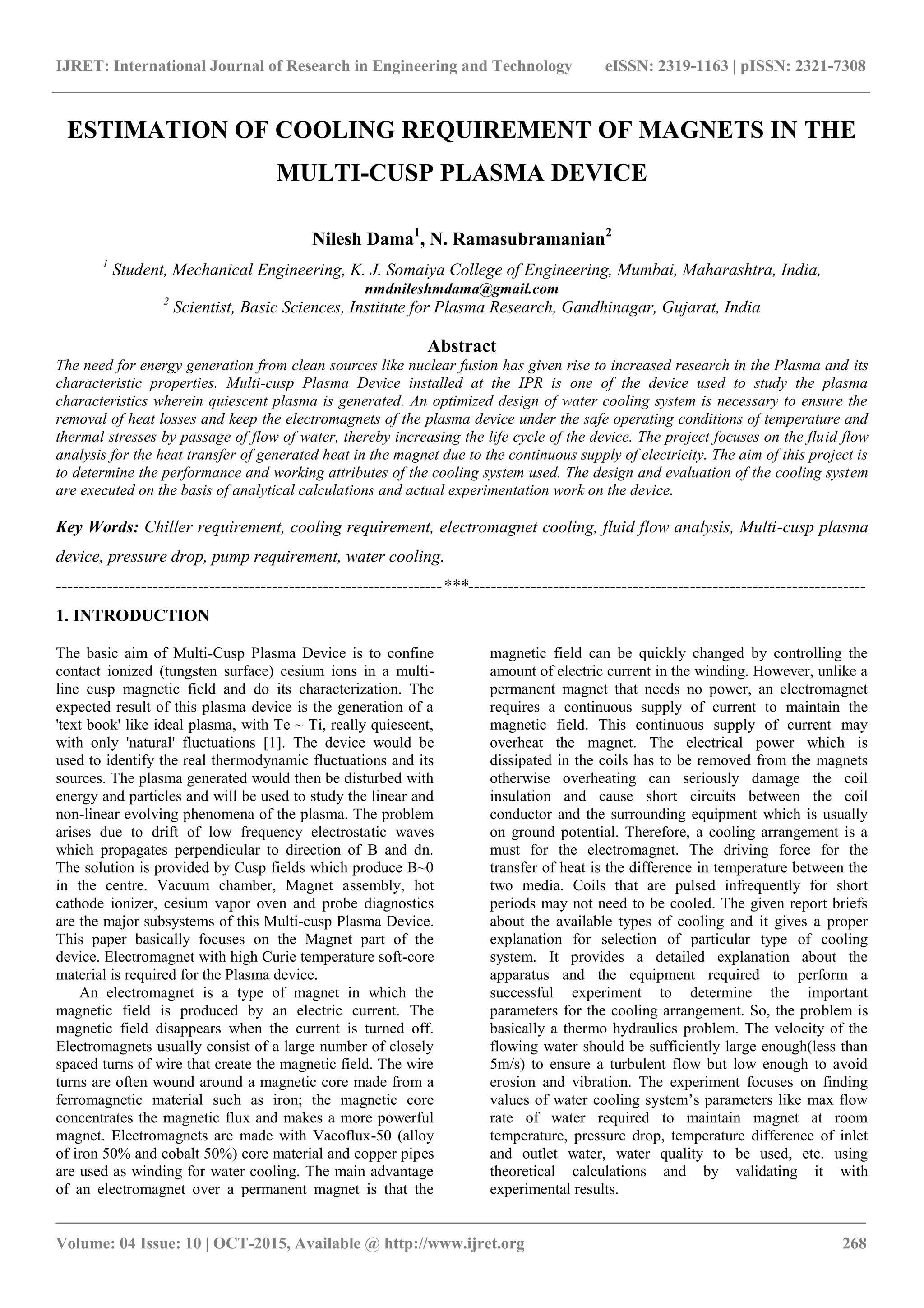 Estimation of cooling requirement of magnets in the multi cusp plasma ...