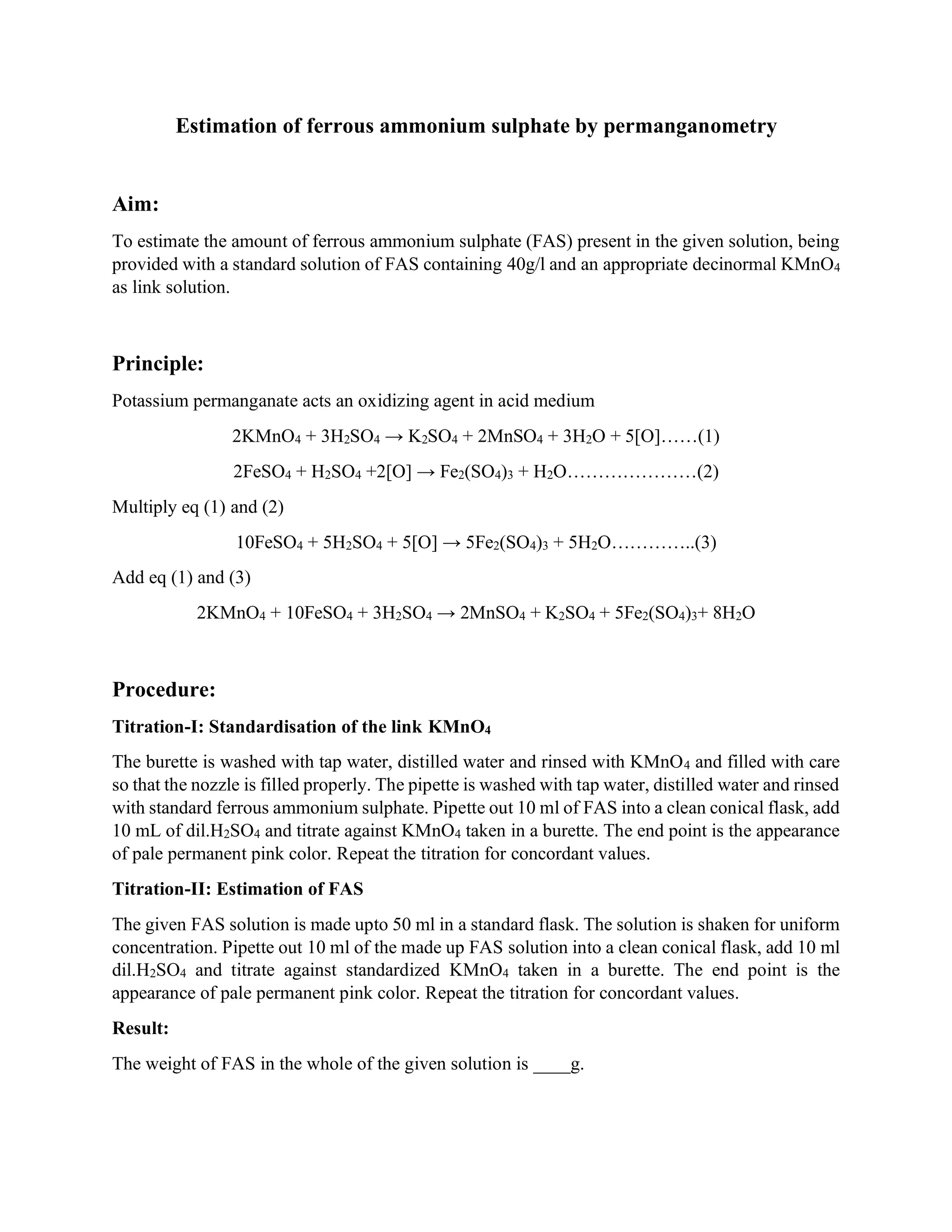 Estimation of ferrous ammonium sulphate by permanganometry | PDF