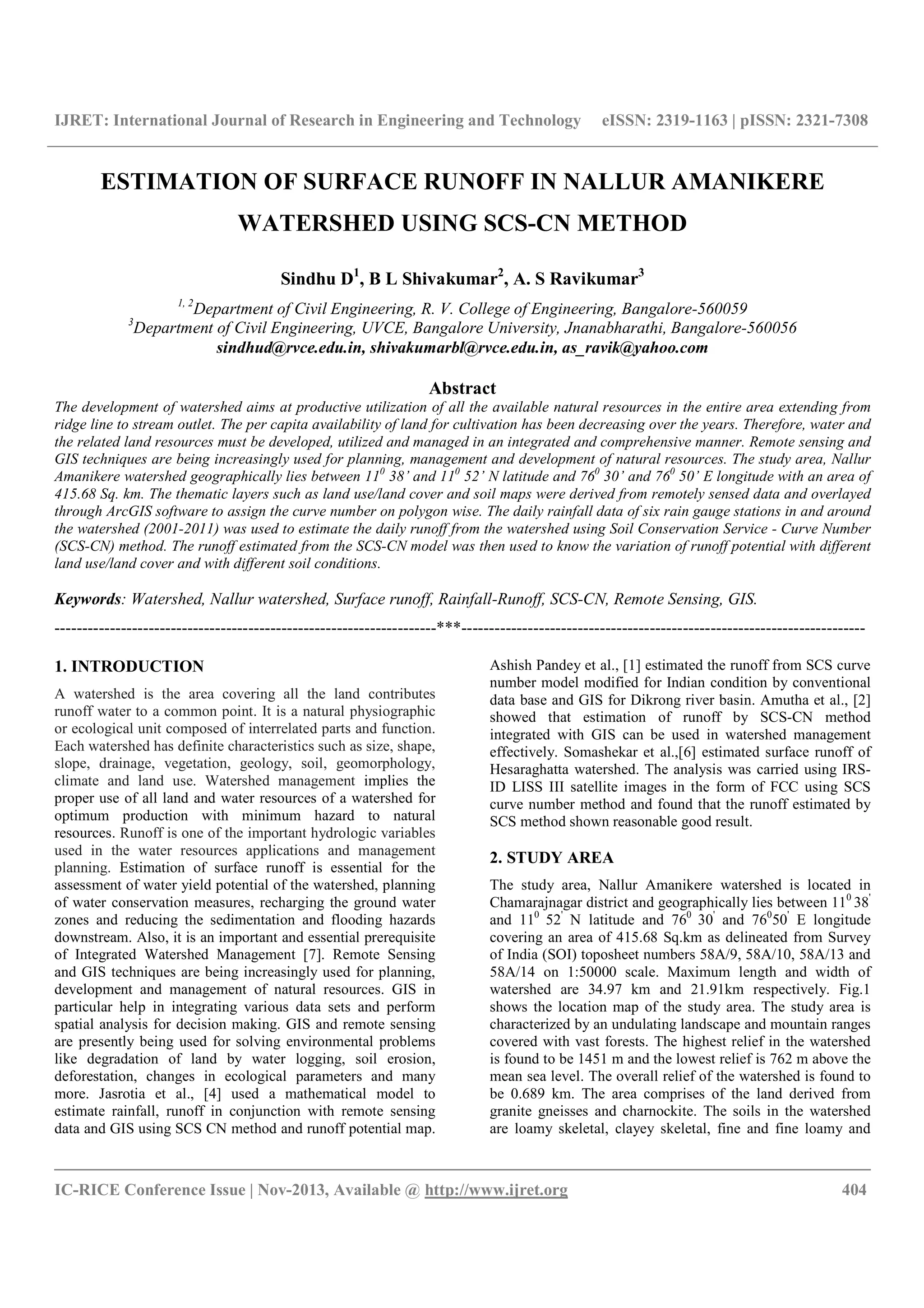Estimation of surface runoff in nallur amanikere watershed using scs cn ...