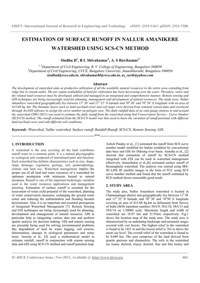 Estimation of surface runoff in nallur amanikere watershed using scs cn ...