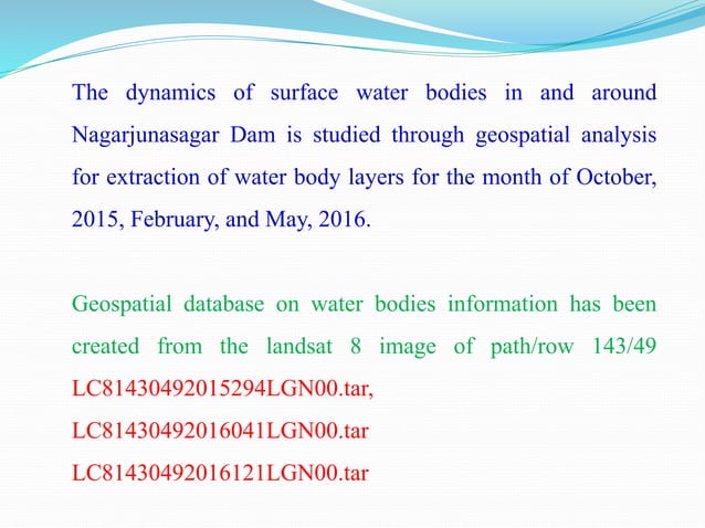 Estimation of water spread area using rs and gis | PPTX