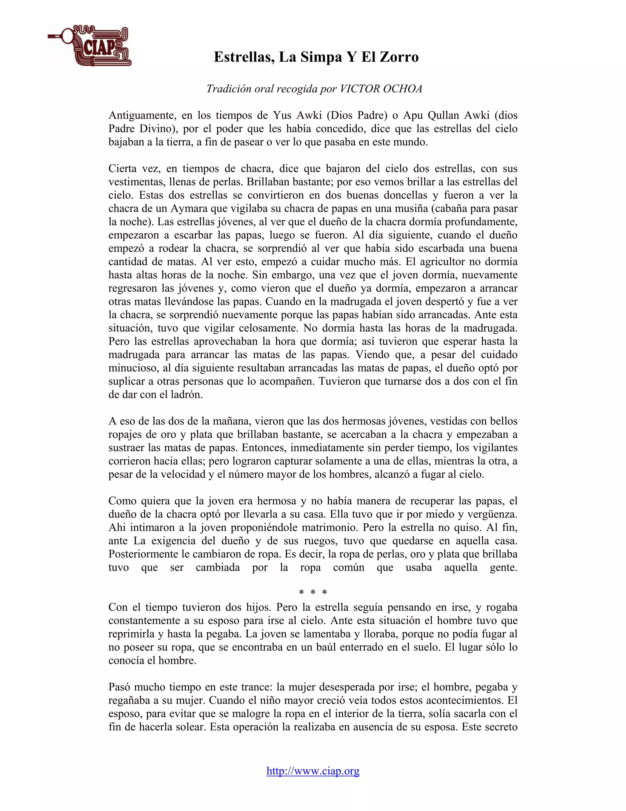 Las Estrellas, La Simpa y El Zorro(leyenda aymara) | PDF