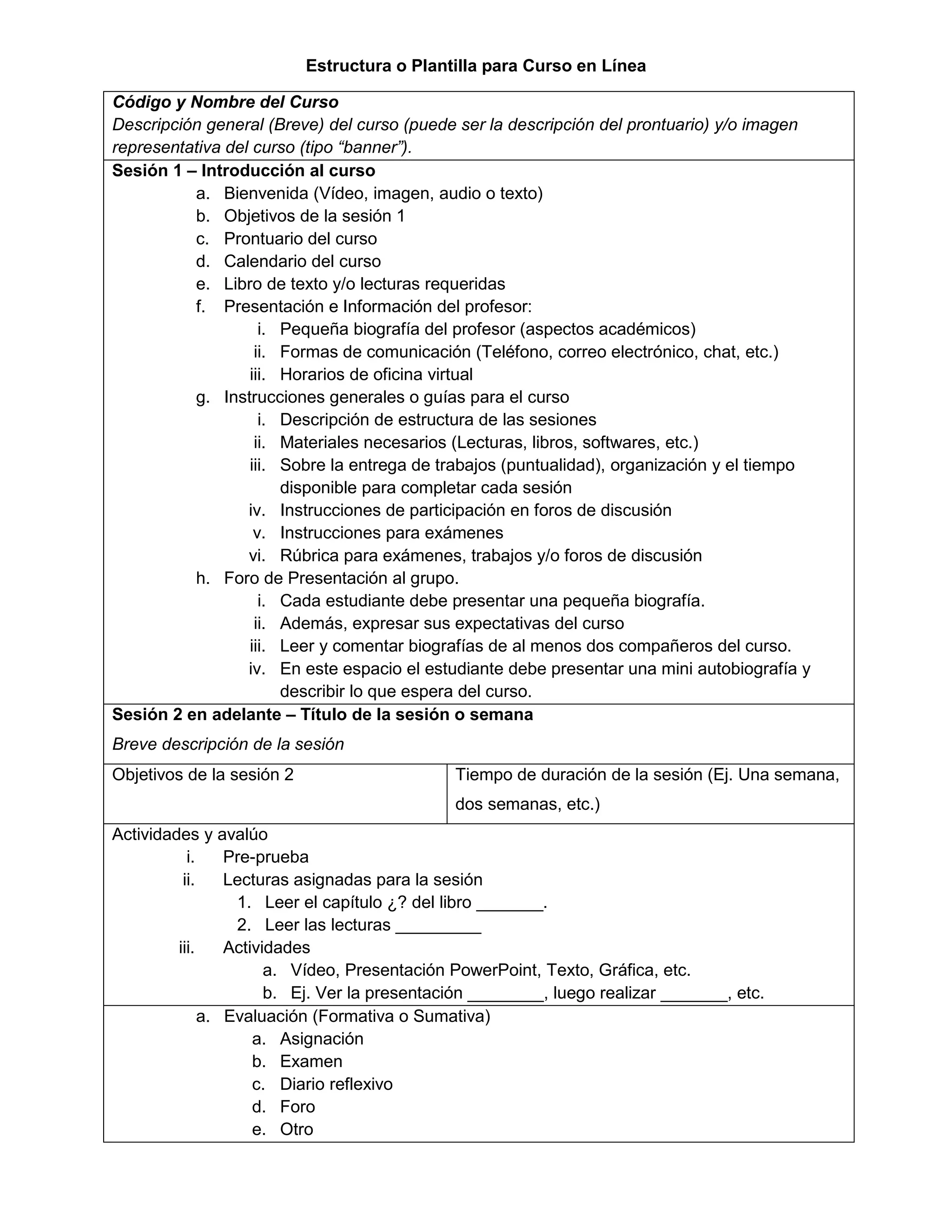 Estructura o plantilla para curso en línea | PDF