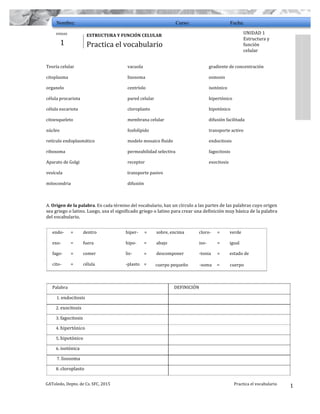 Estructura y función celular: Práctica de vocabulario. 1º Medio ...