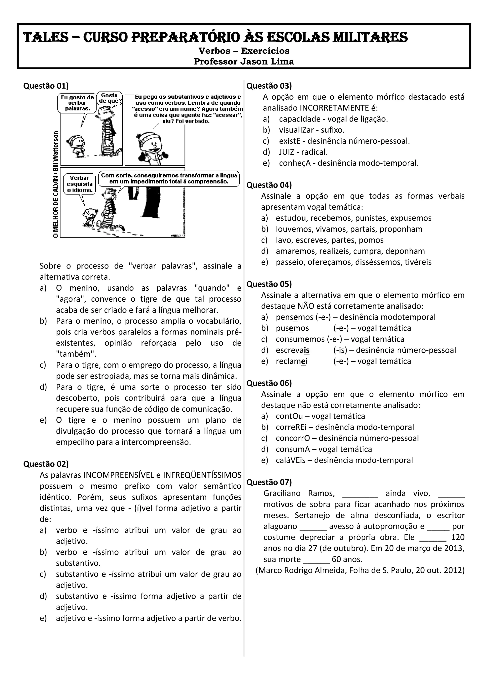 Estrutura verbal - exercícios com gabarito - Tales - Professor Jason ...