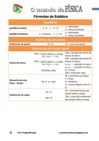 Fórmulas básicas de estática: equilíbrio, centro de massa e momento | PDF