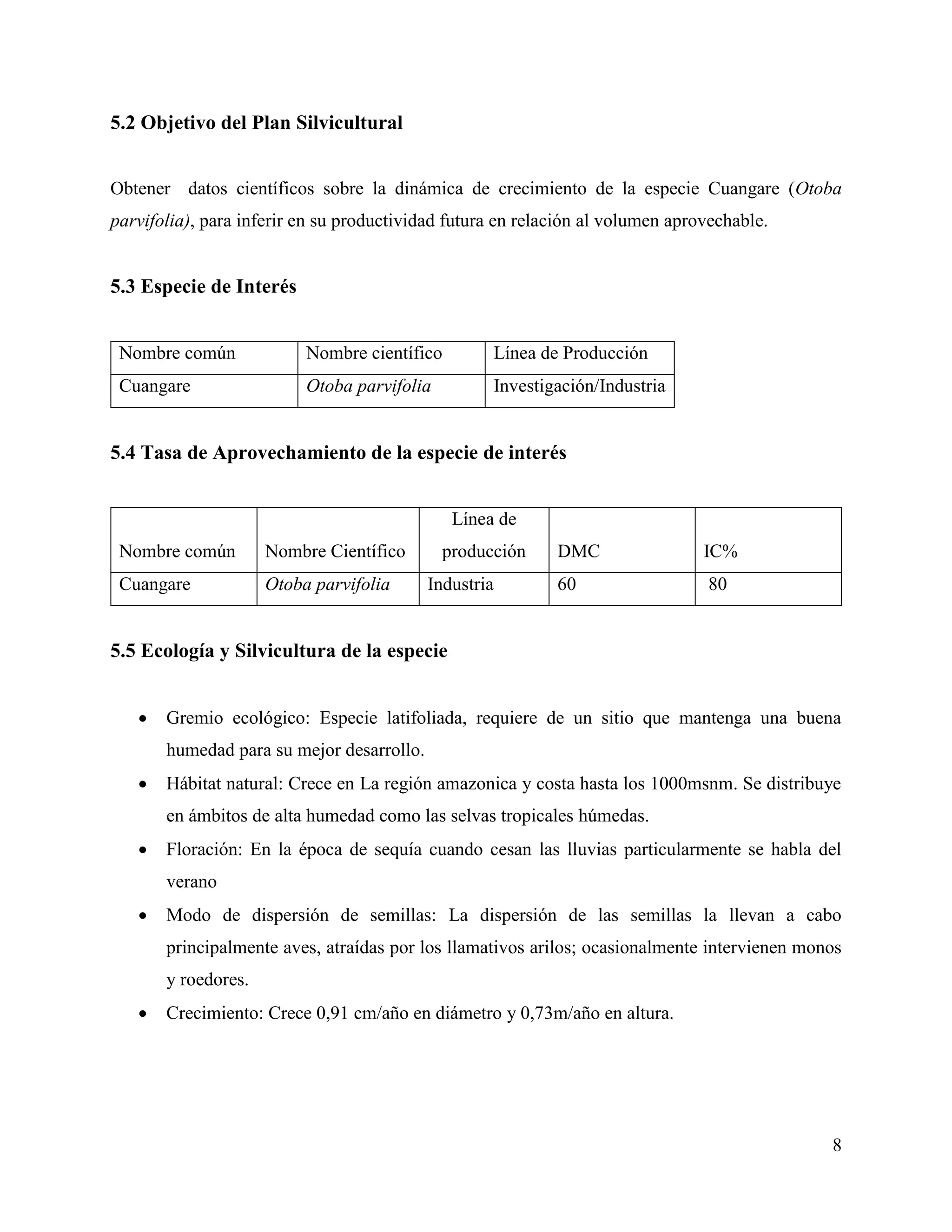 Análisis de la dinámica de crecimiento del Cuangare (Otoba parvifolia ...