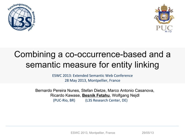 Combining a co-occurrence-based and a semantic measure for entity linking | PPT