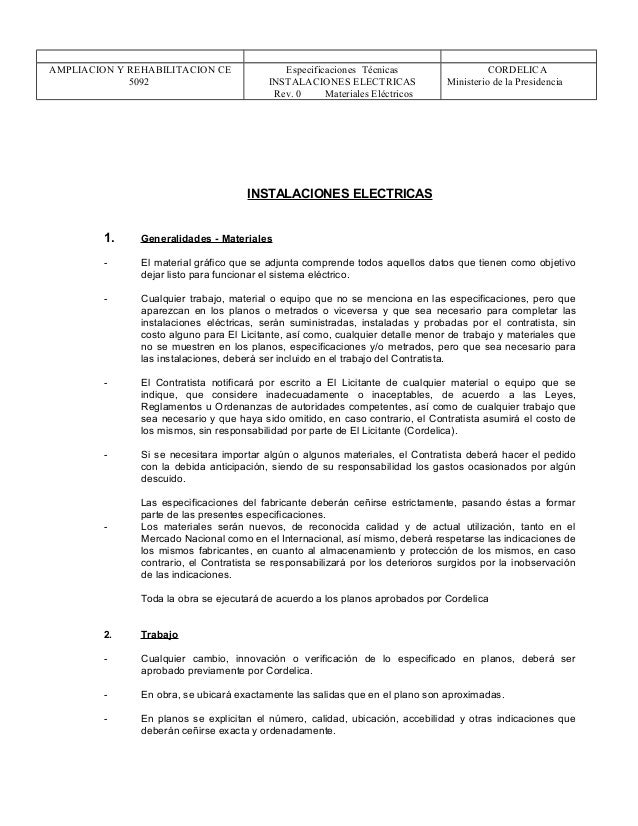 ESPECIFICACIONES TECNICAS INSTALACIONES ELECTRICAS