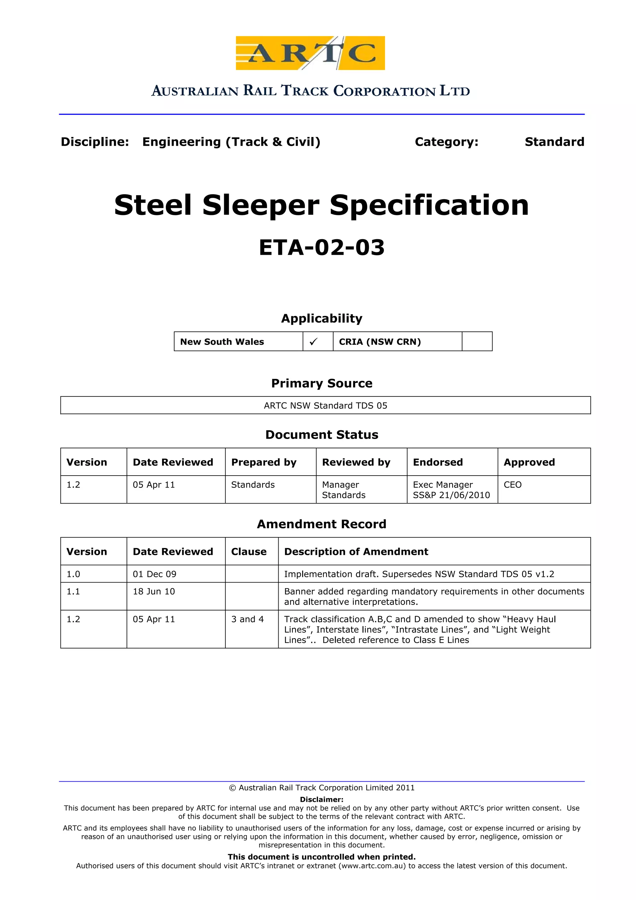 Eta 02-03 - steel sleeper specification | PDF