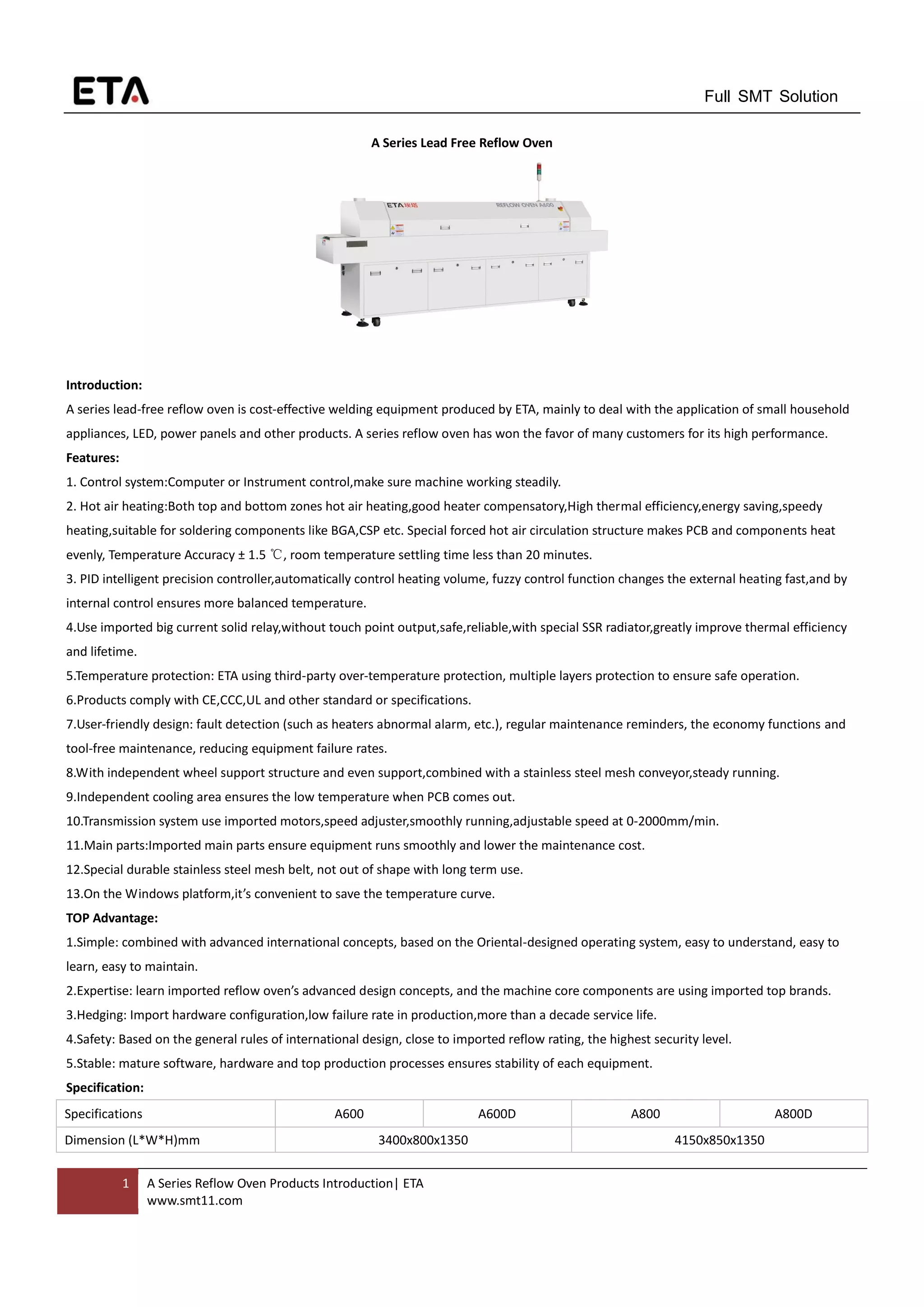 Eta a series reflow oven | PDF