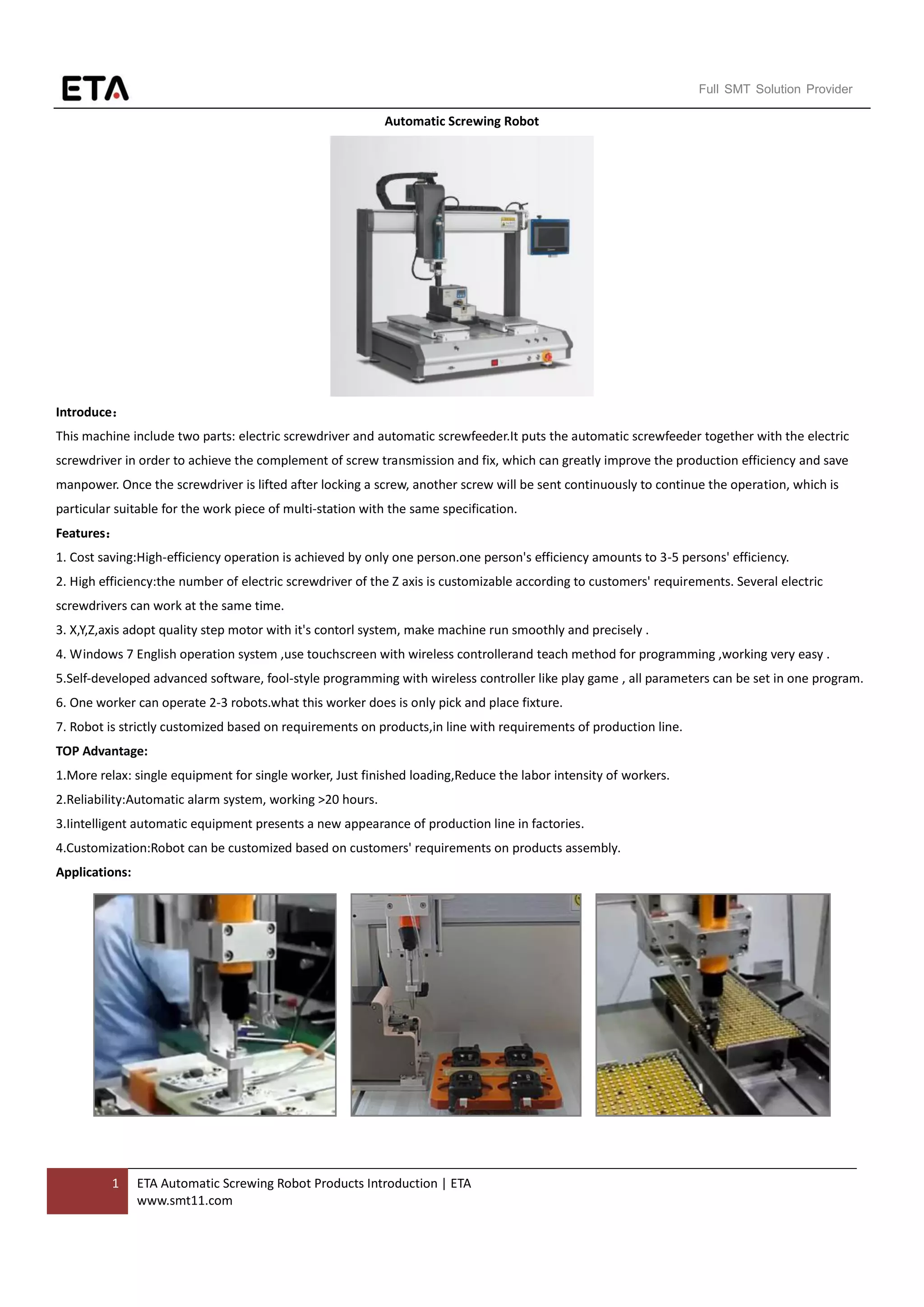 ETA automatic screwing robot | PDF | Robotics | Technology & Computing