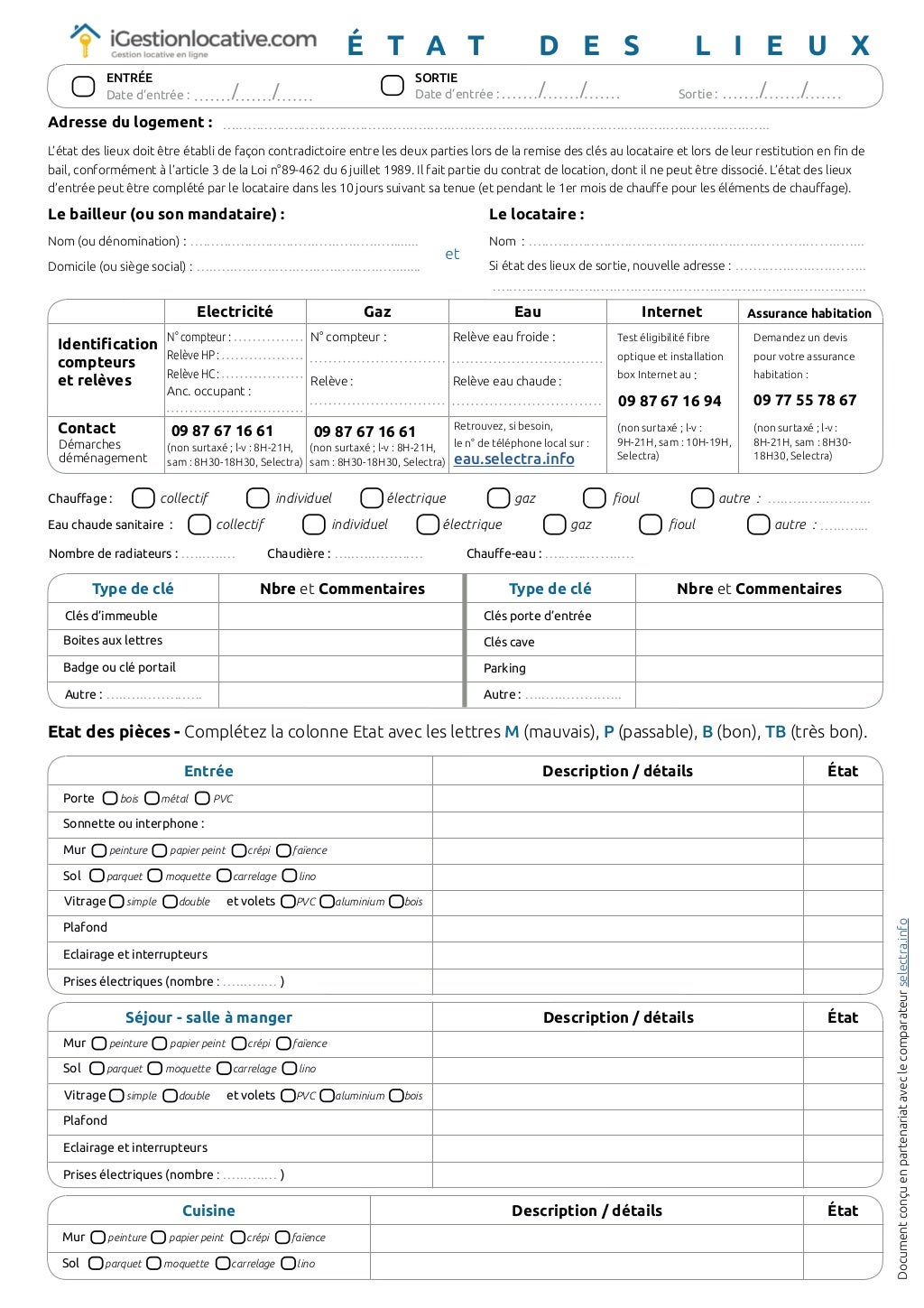 État des lieux gratuit, modèle 1