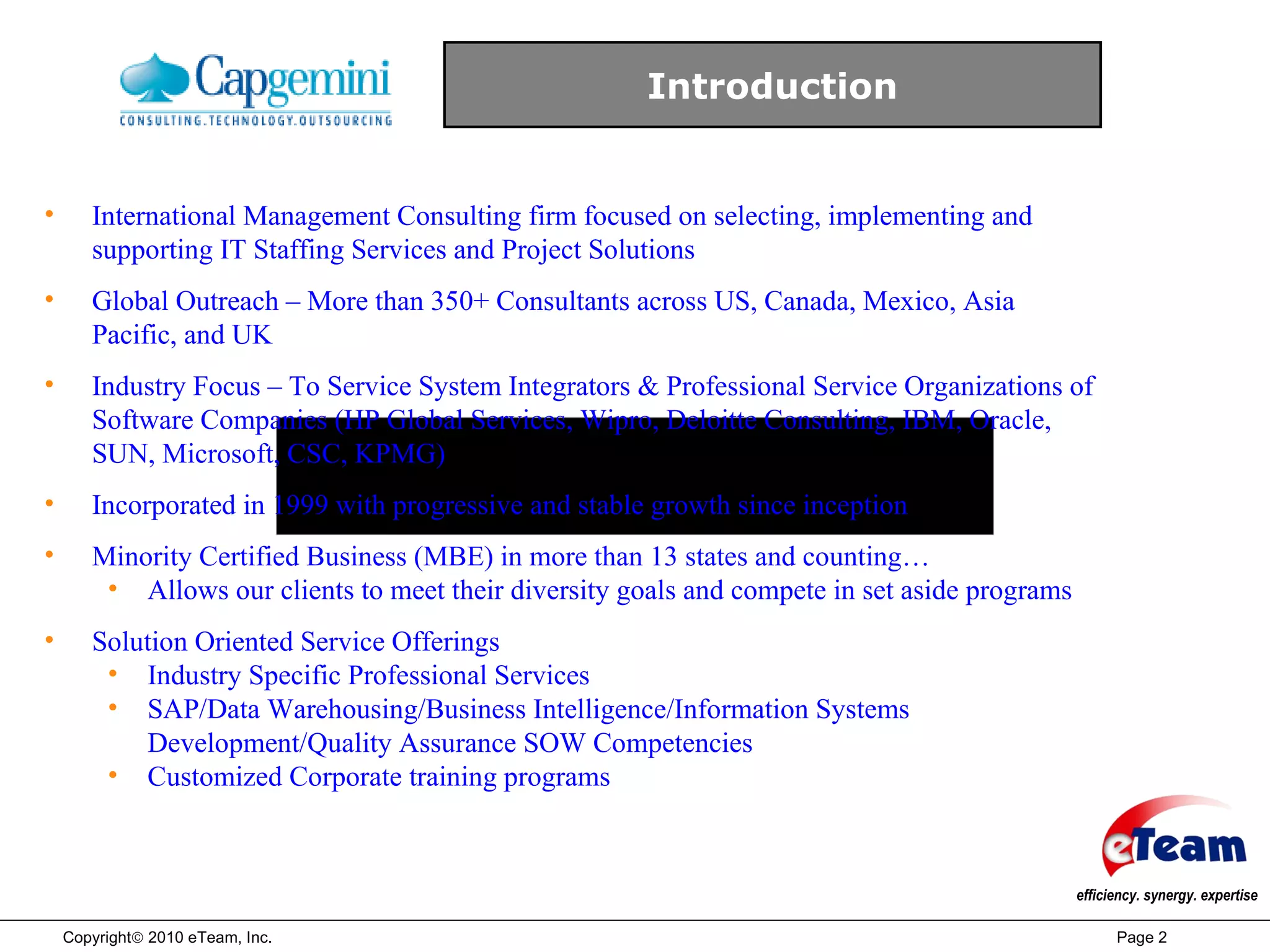E Team Corporate Presentation Capgemini | PPT