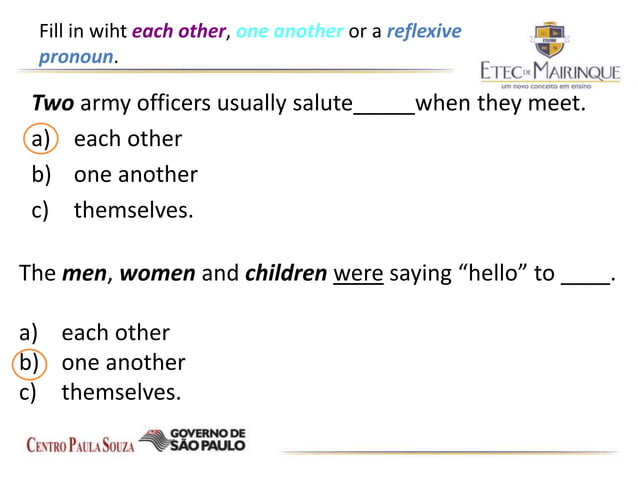 Aula 09 - each other one another | PPTX | Sports