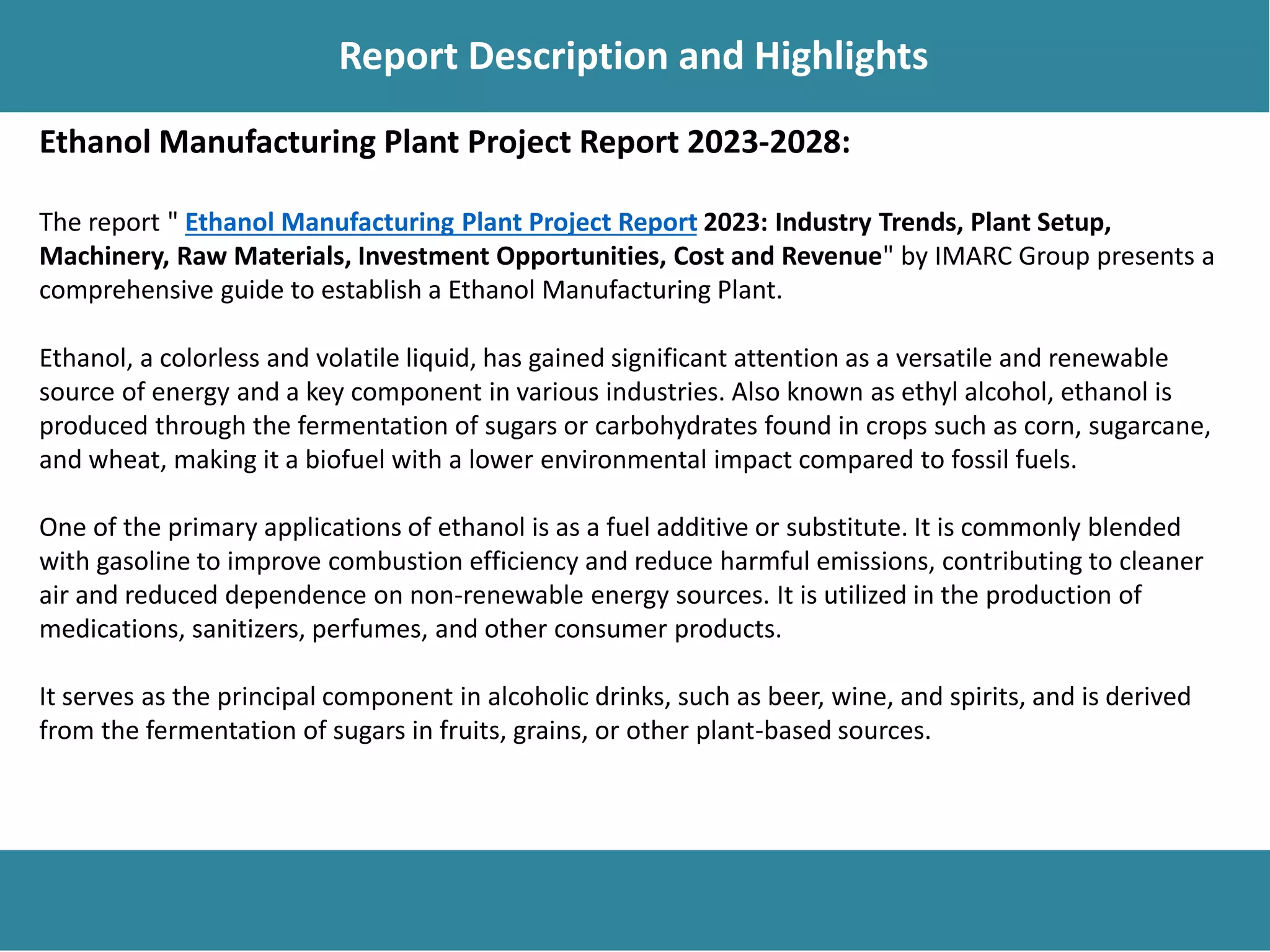 Ethanol Manufacturing Plant Project Report PPT | Plant Cost: 2023 ...