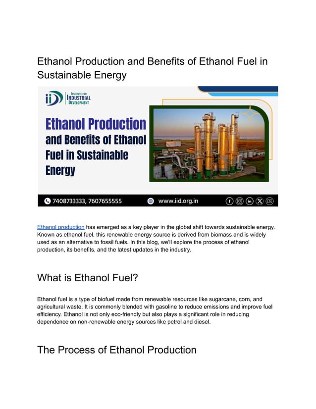 Ethanol Production and Benefits of Ethanol Fuel in Sustainable Energy | PDF