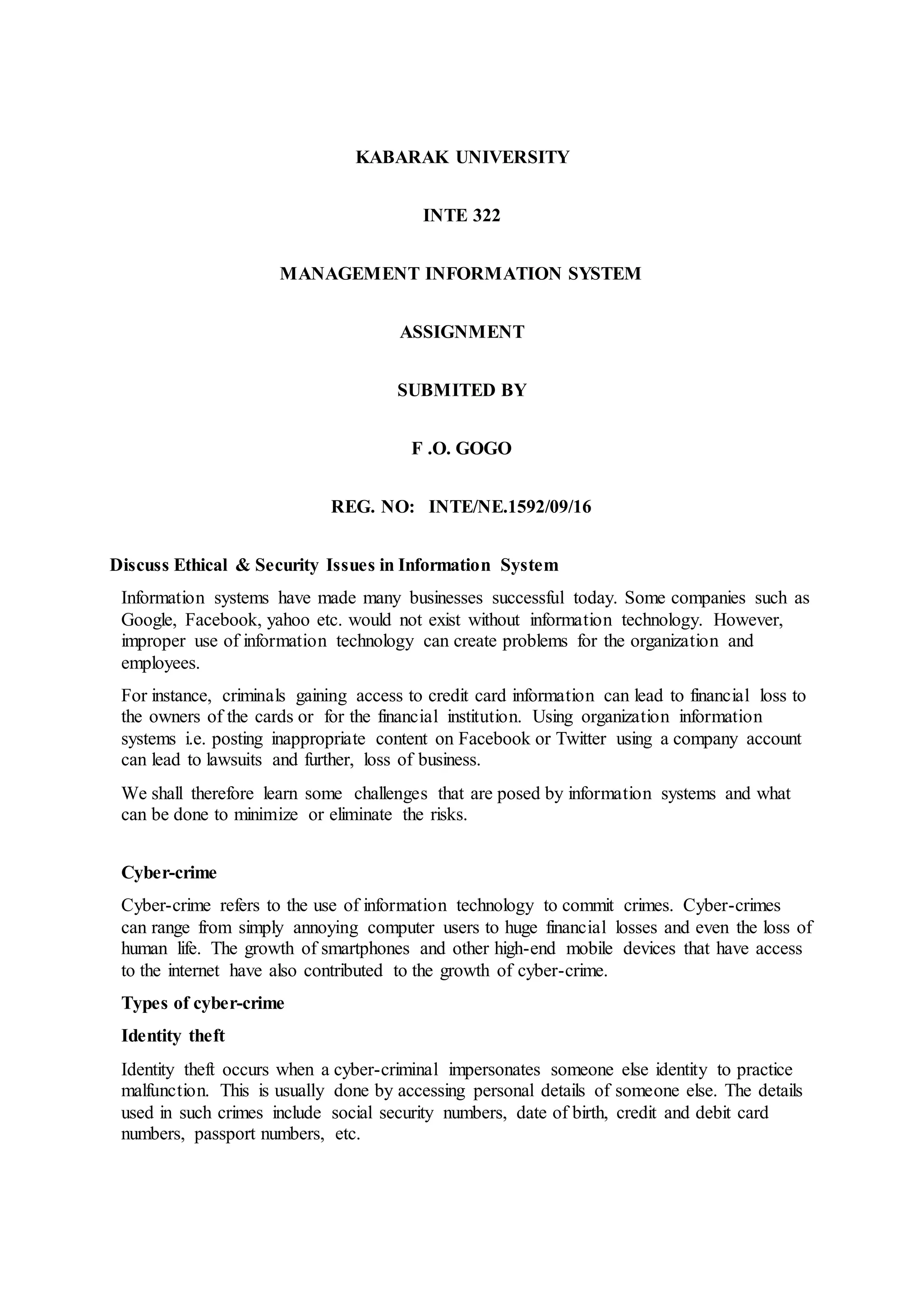 Ethical and security issues on MIS inte 322 assignment.docx