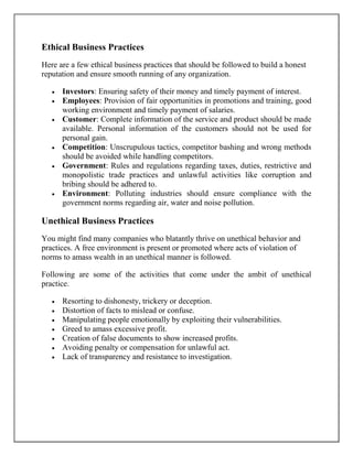 Ethical and unethical business practices | DOCX