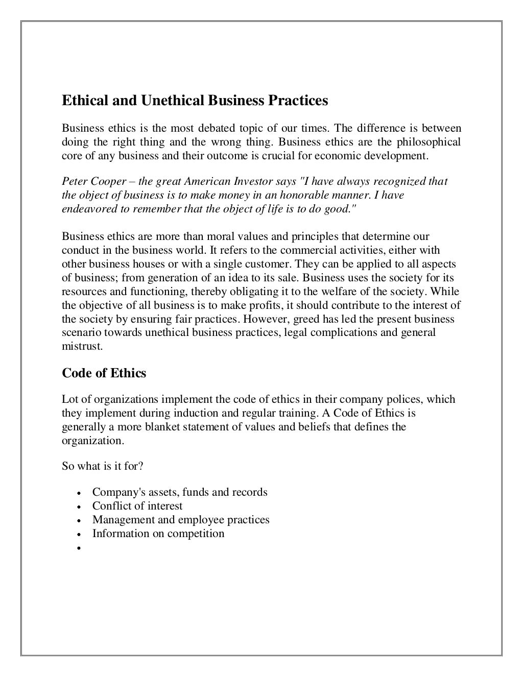 Ethical and unethical business practices