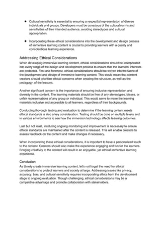 Ethical Considerations in Immersive Learning Content Development | PDF