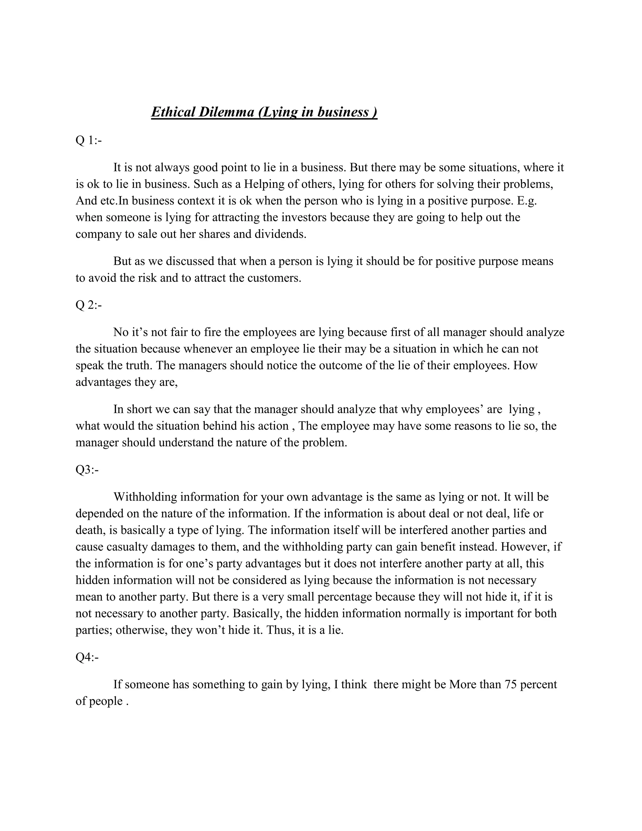 Ethical dilemma lying in business ( naeem khan ) | DOCX
