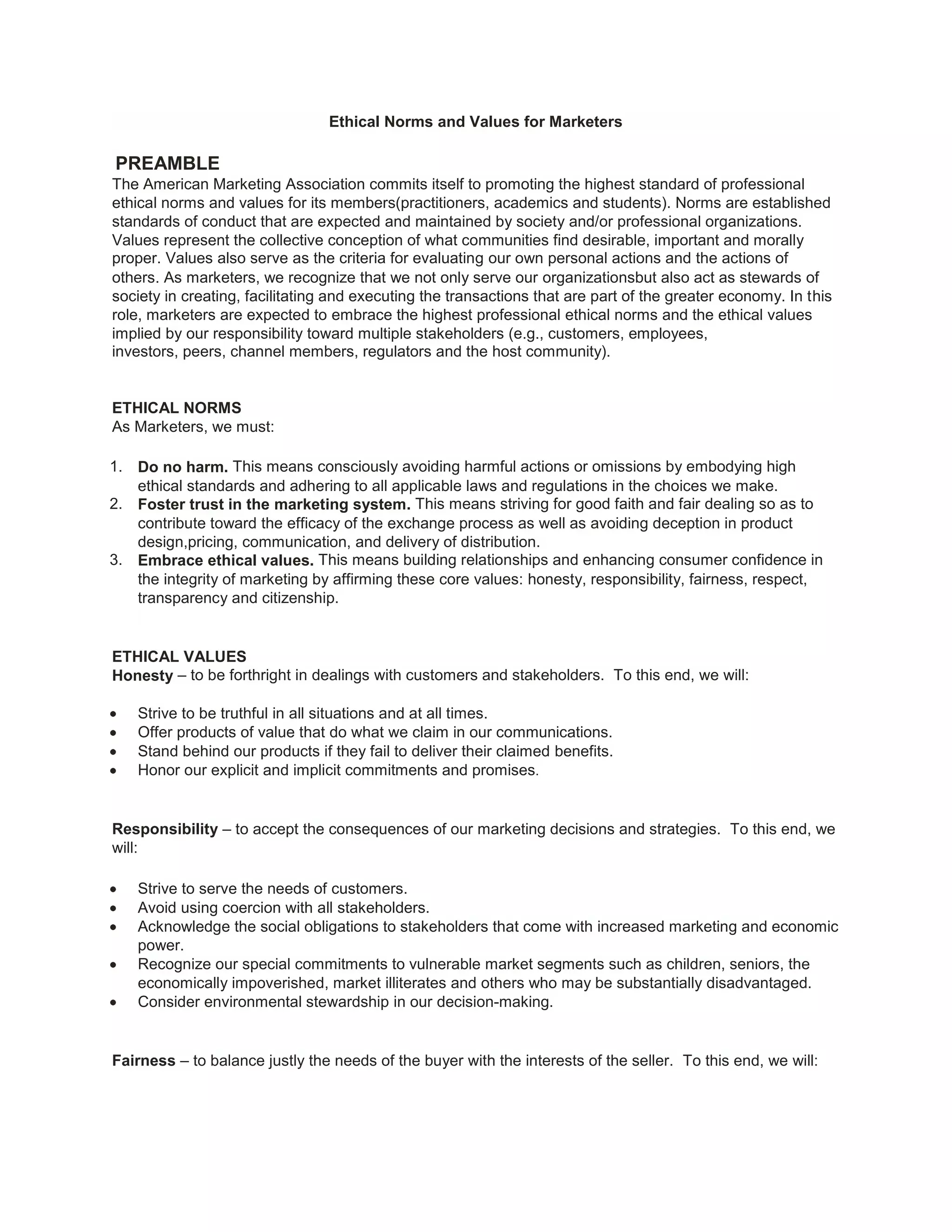 Ethical norms and values for marketers | DOCX