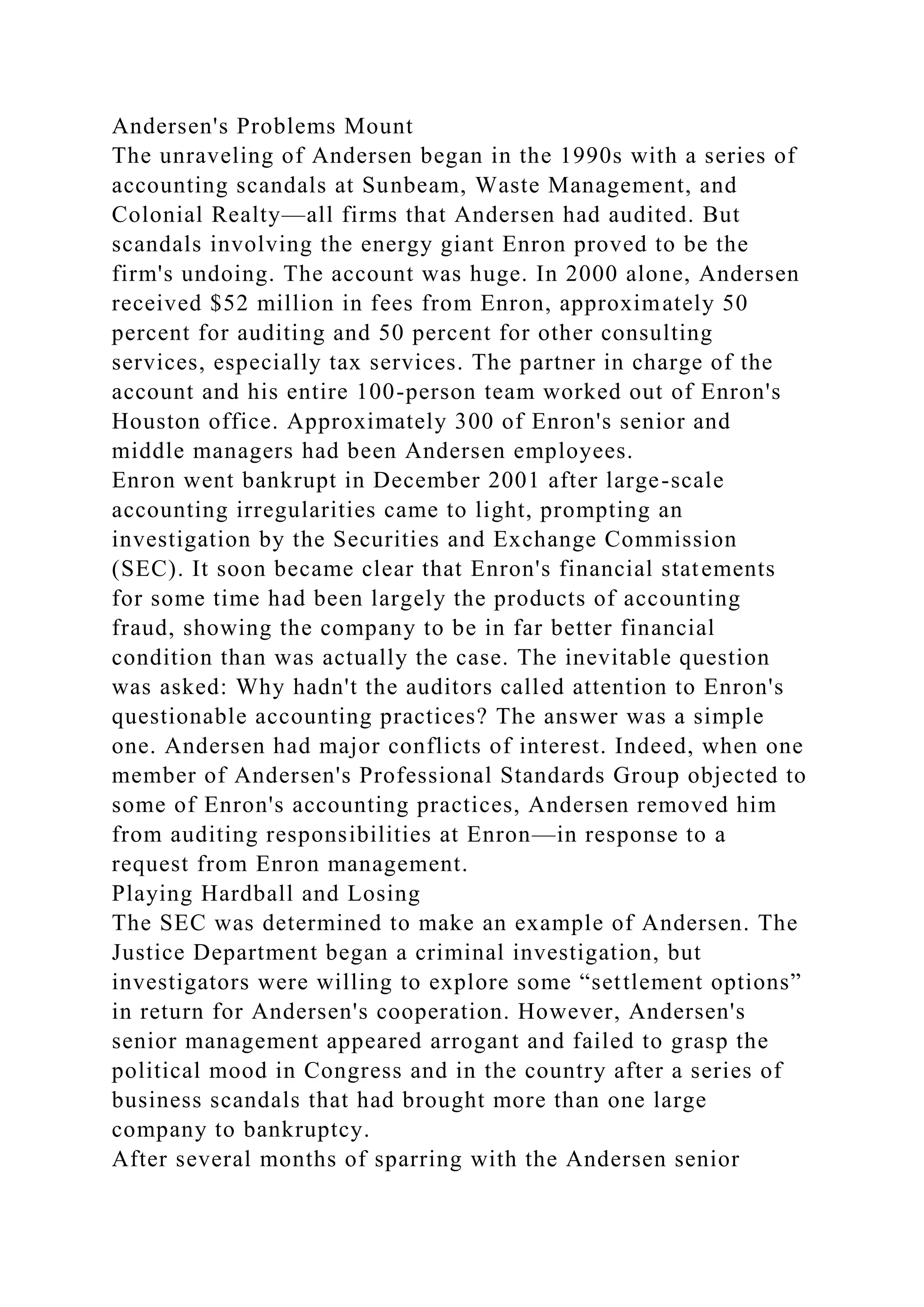 Ethics Case A SAD TALE The Demise of Arthur AndersenIn .docx